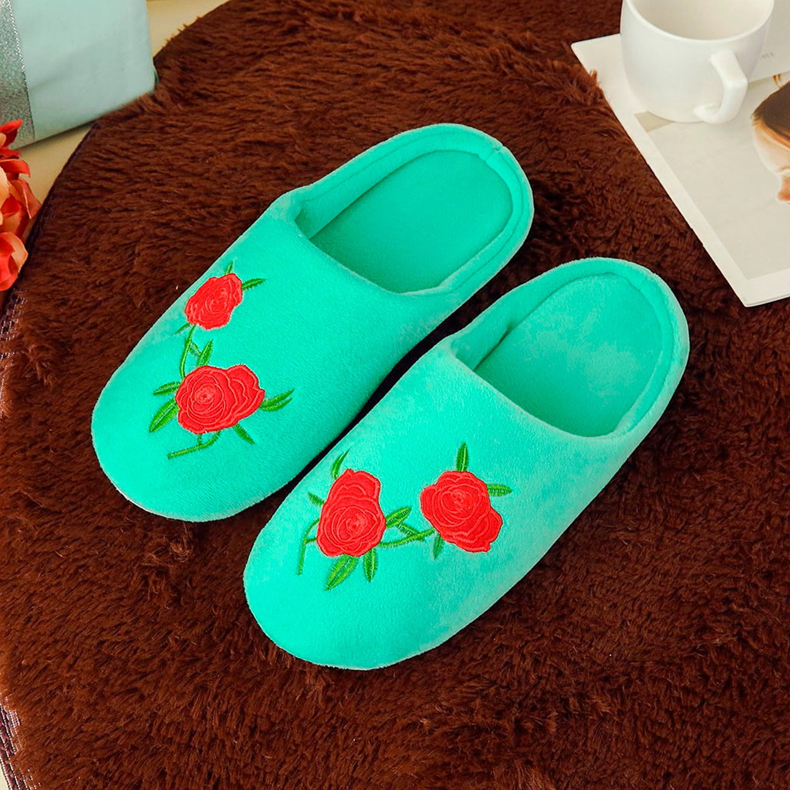AUDeals Teen Girls Lightweight Slippers, Rose Embroidered Soft Soled ...