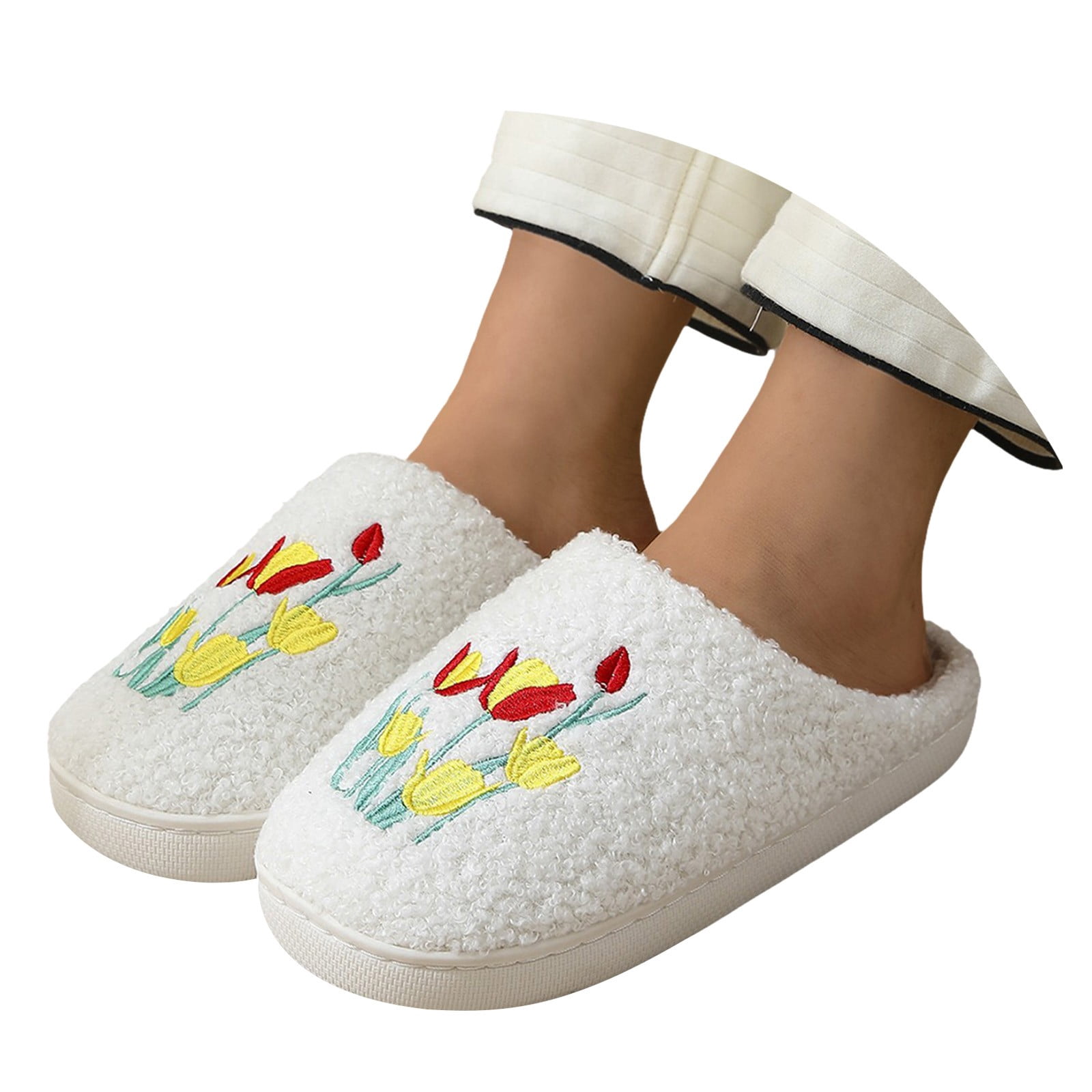AUDeals Women Mens Tulips Print Cotton House Slippers Fuzzy Slip On ...