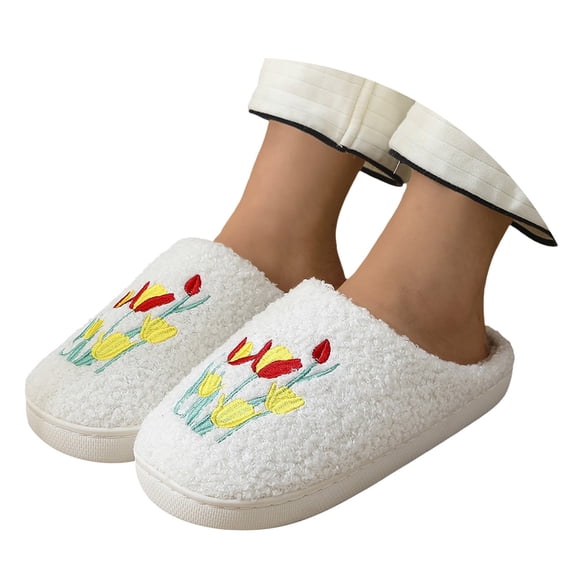 AUDeals Women Mens Tulips Print Cotton House Slippers Fuzzy Slip On ...