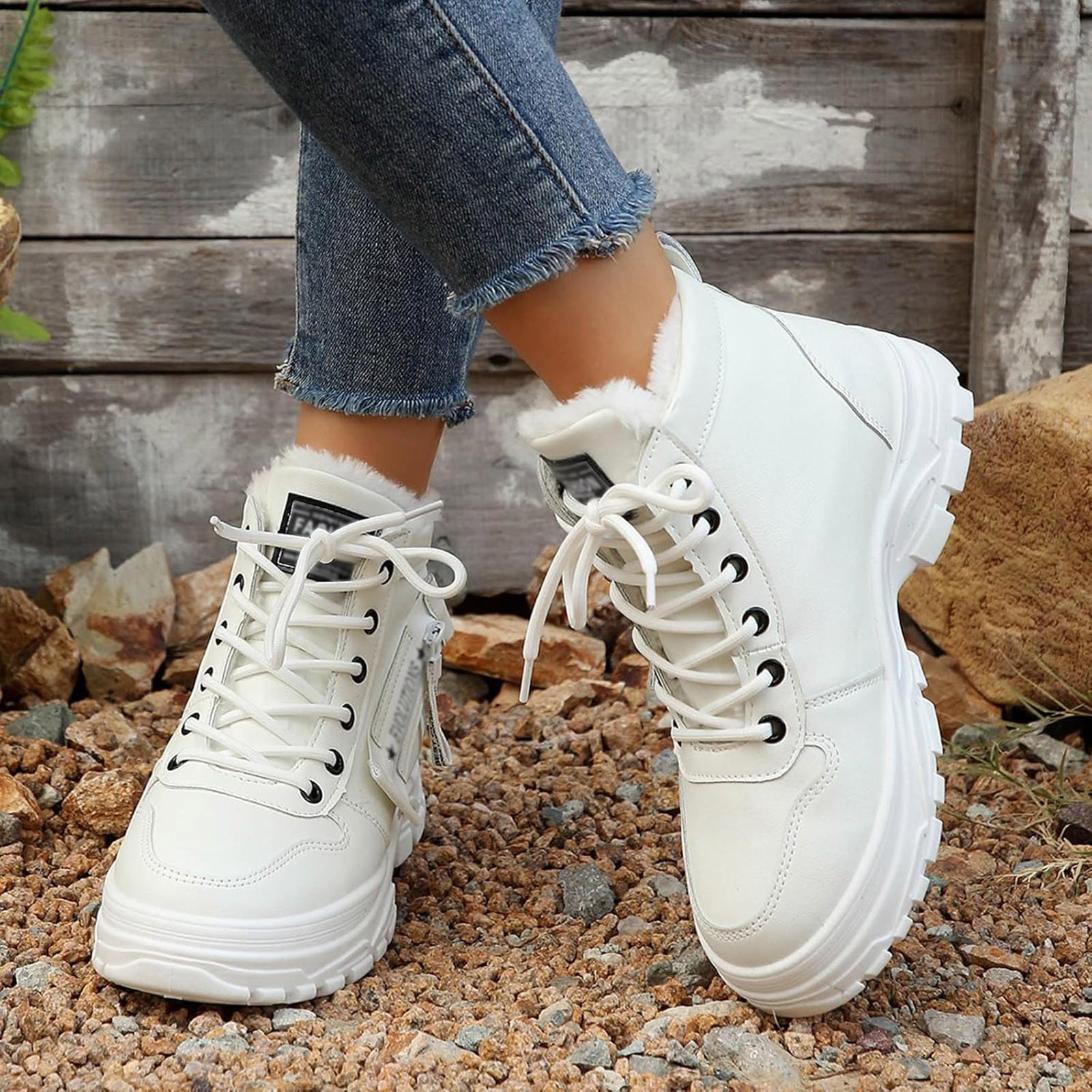 AUDeals Women's Chunky Sneakers, Plus Velvet Warm High Top Boots with ...