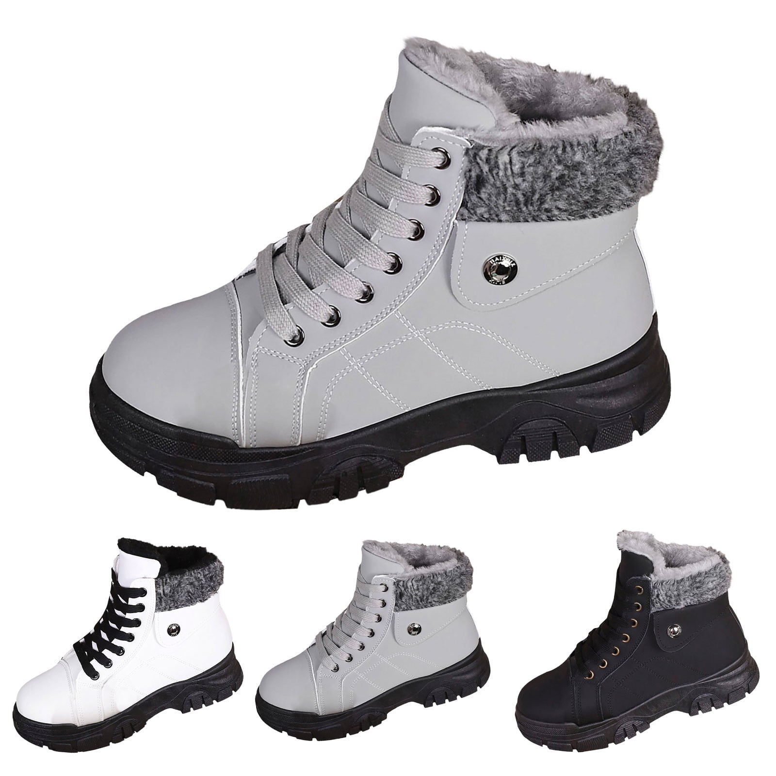 AUDeals Women's Combat Boots, PU Leather High Top Shoes with Thick Warm ...