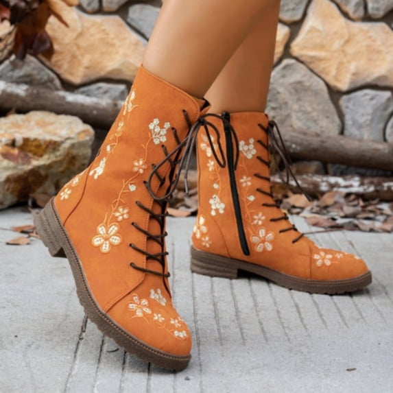 AUDeals Women's Combat Boots, Vintage Floral Mid Calf Shoes with Chunky ...