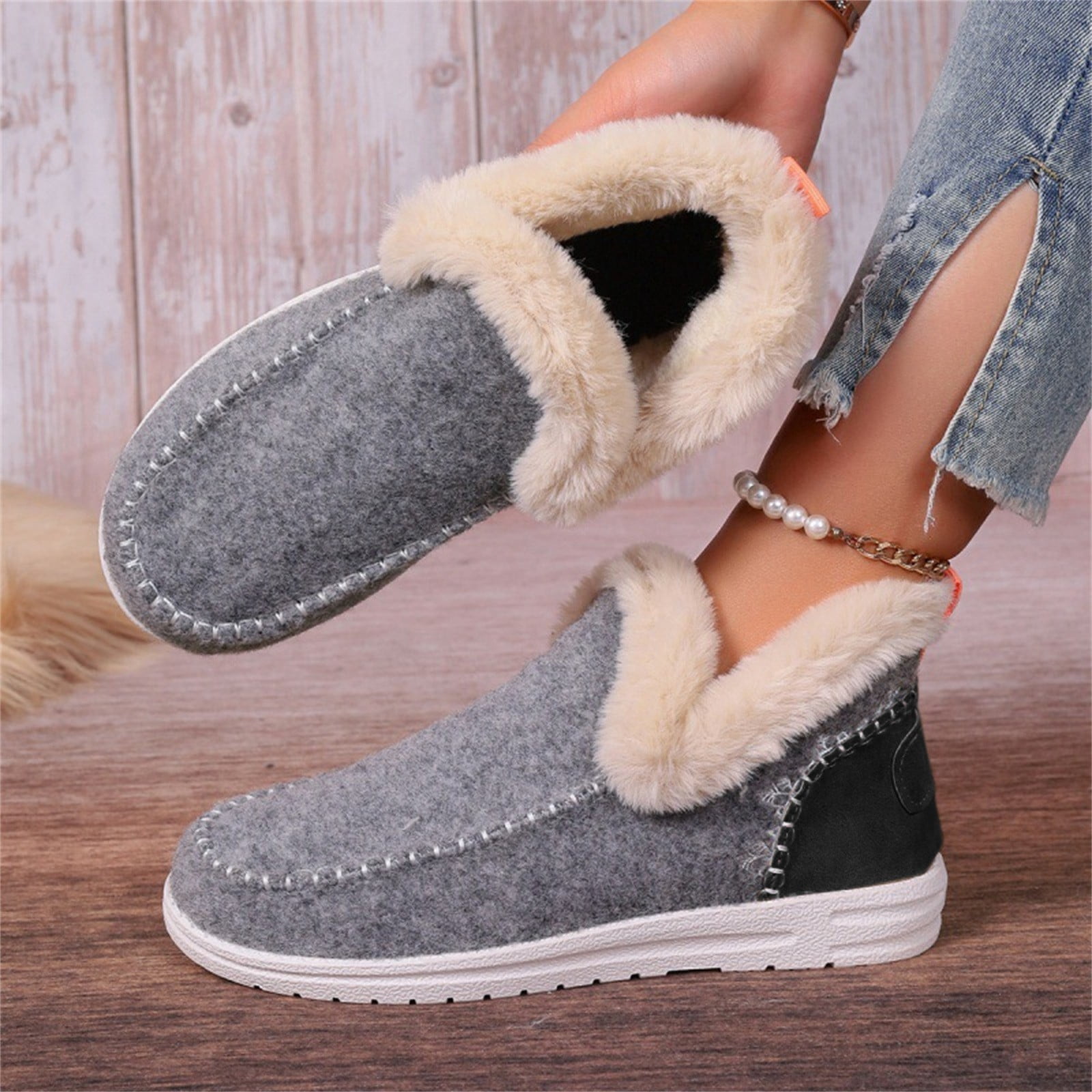 AUDeals Women's Fluffy Snow Boots, Thick Sole Slip On Loafers with Faux ...