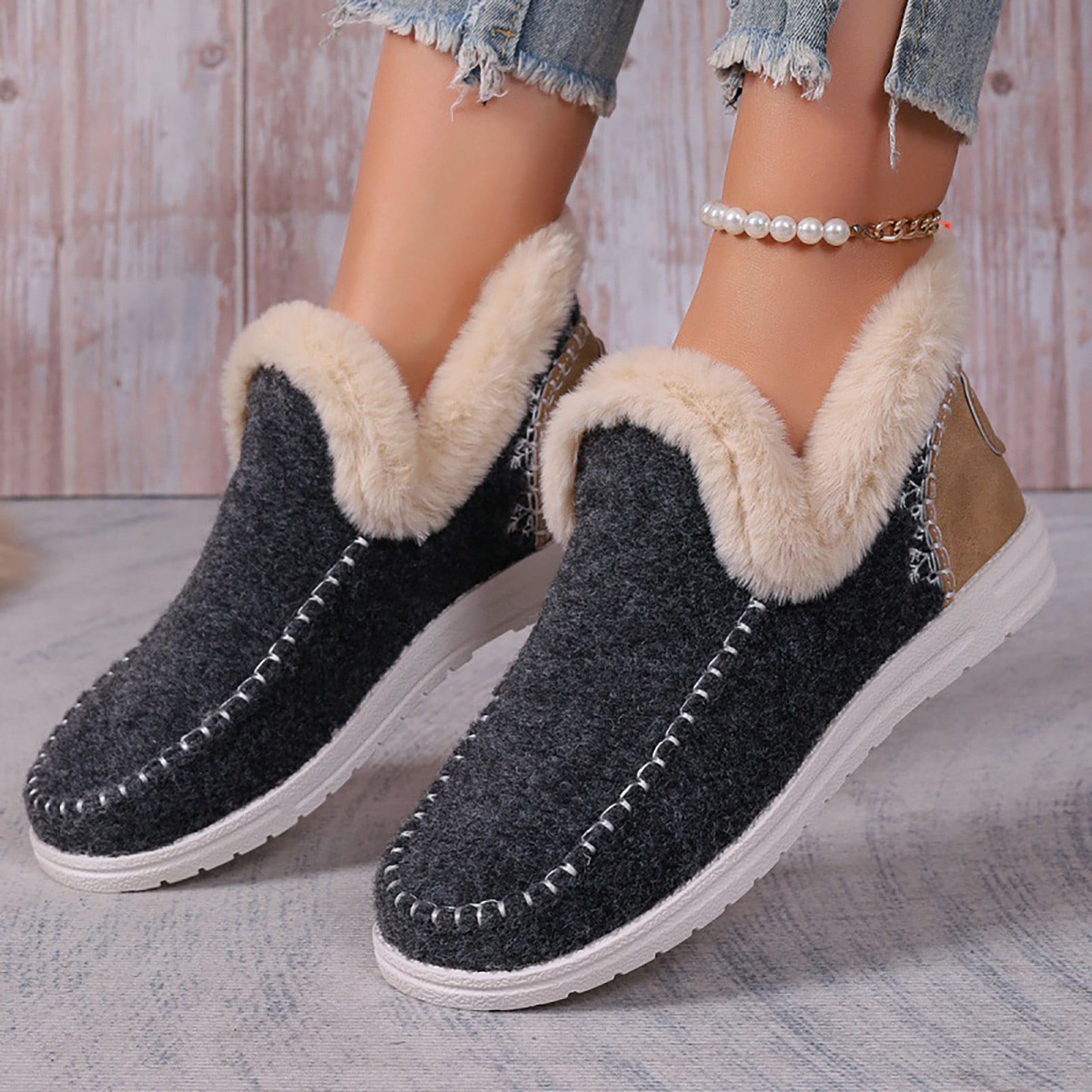 AUDeals Women's Fluffy Snow Boots, Thick Sole Slip On Loafers with Faux ...