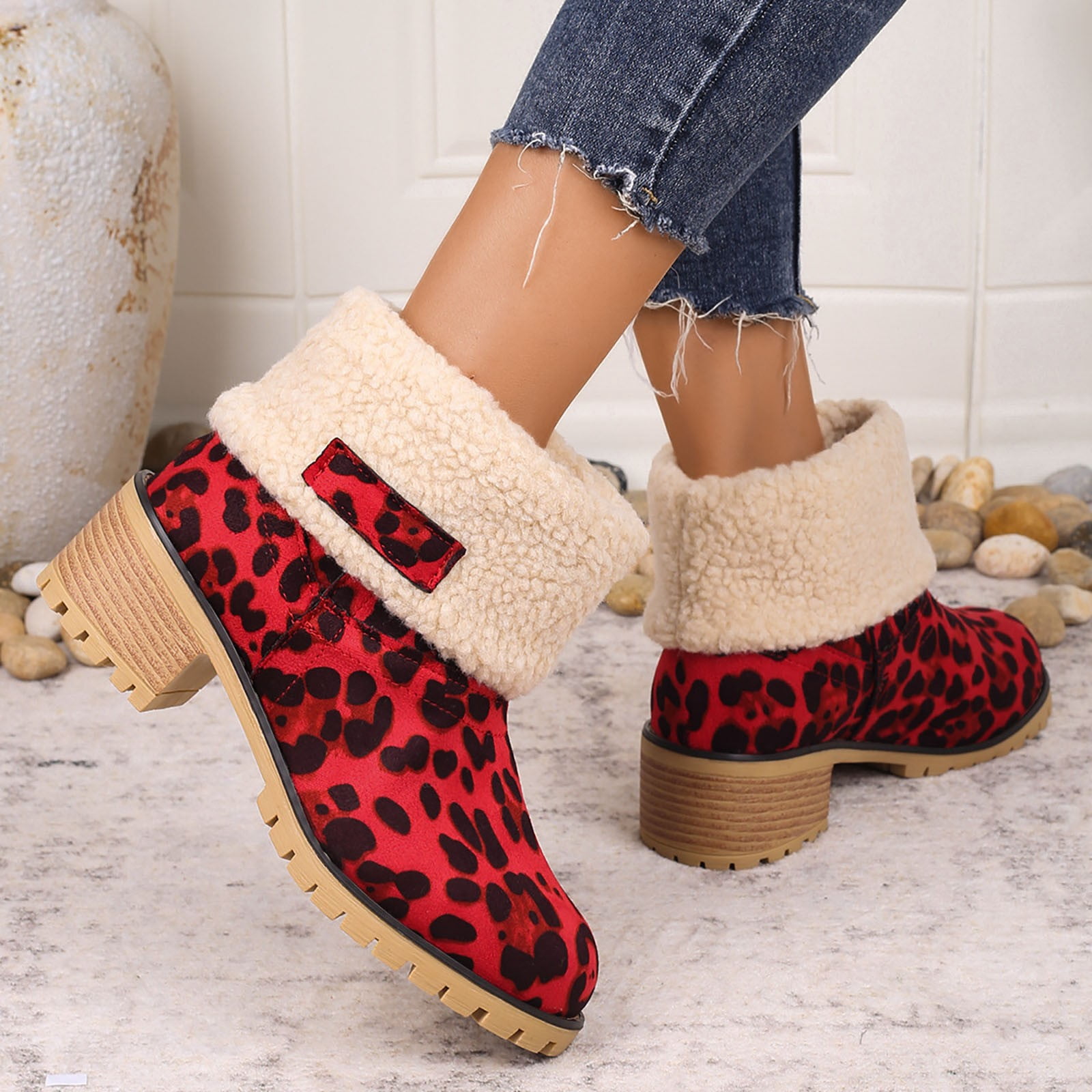 AUDeals Women's Snow Booties, Leopard Print Fur Lined Boots with Chunky ...