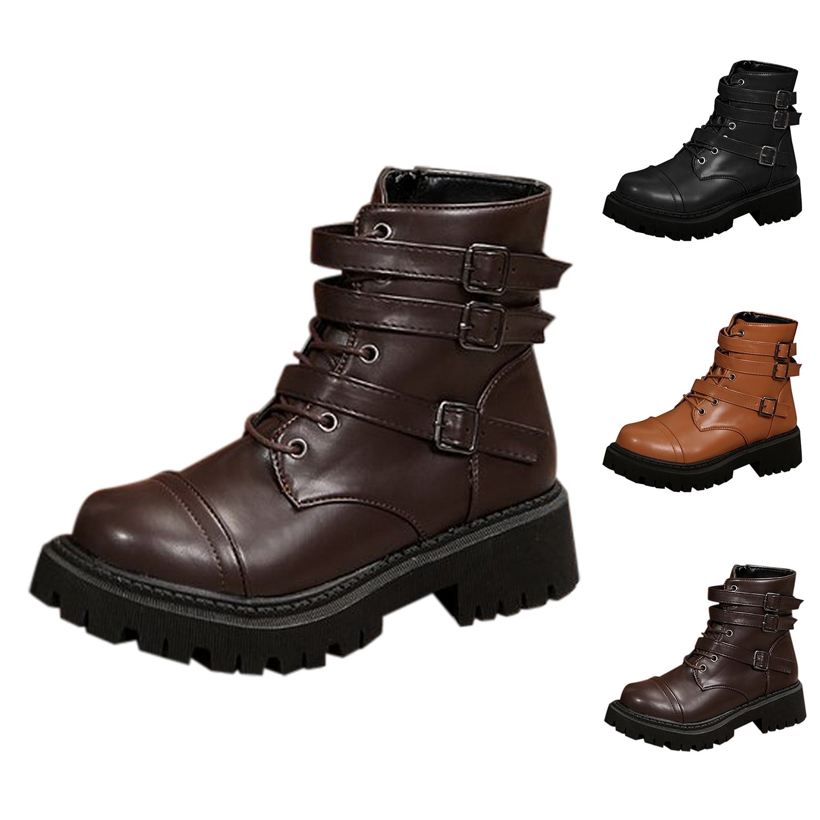 AUDeals Womens Chunky Ankle Boots Side Zipper Strap Waterproof Non Slip ...