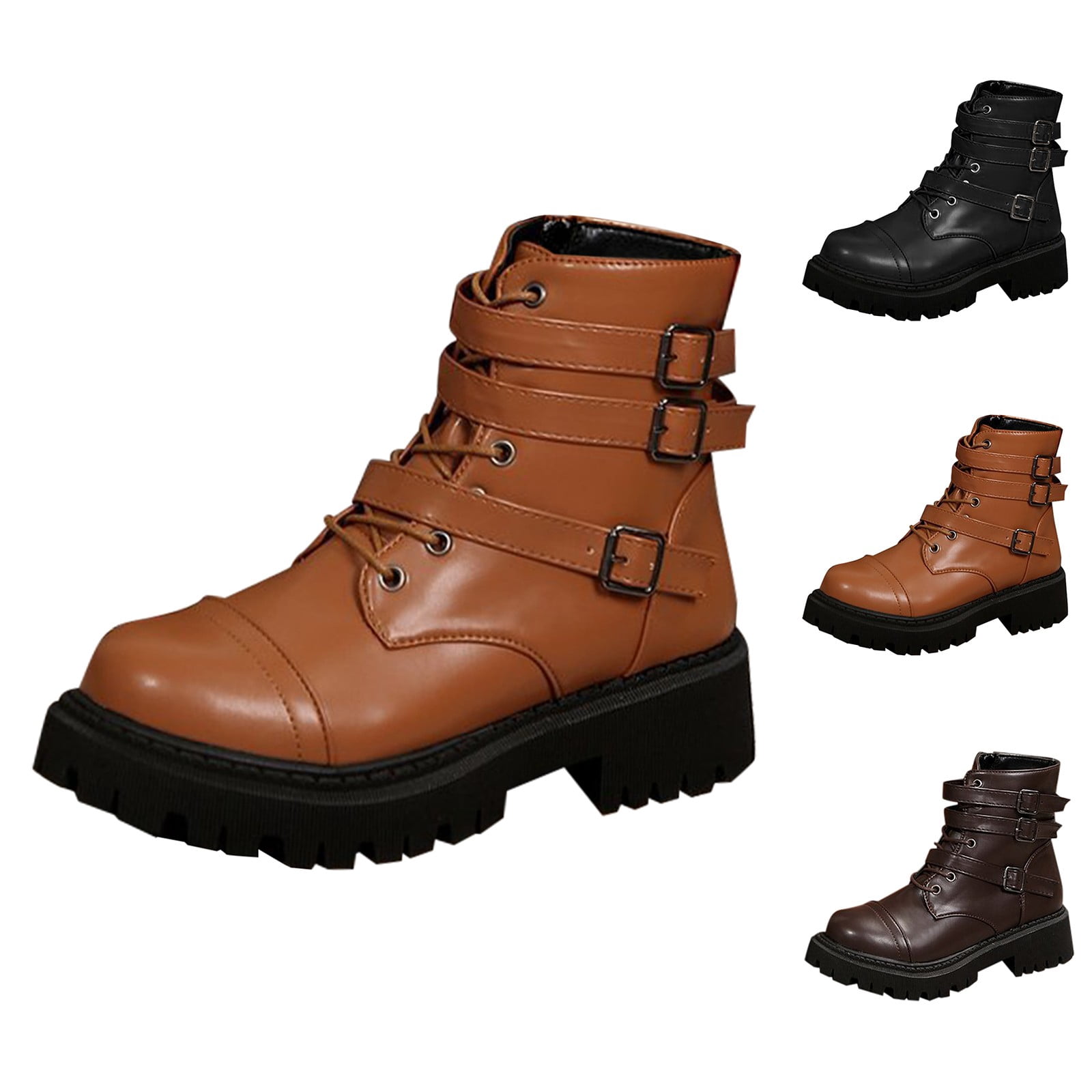 AUDeals Womens Chunky Ankle Boots Side Zipper Strap Waterproof Non Slip ...
