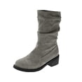 AUDeals Womens Suede Slouchy Mid Calf Boots Lace Up Pom Pom Round Toe ...
