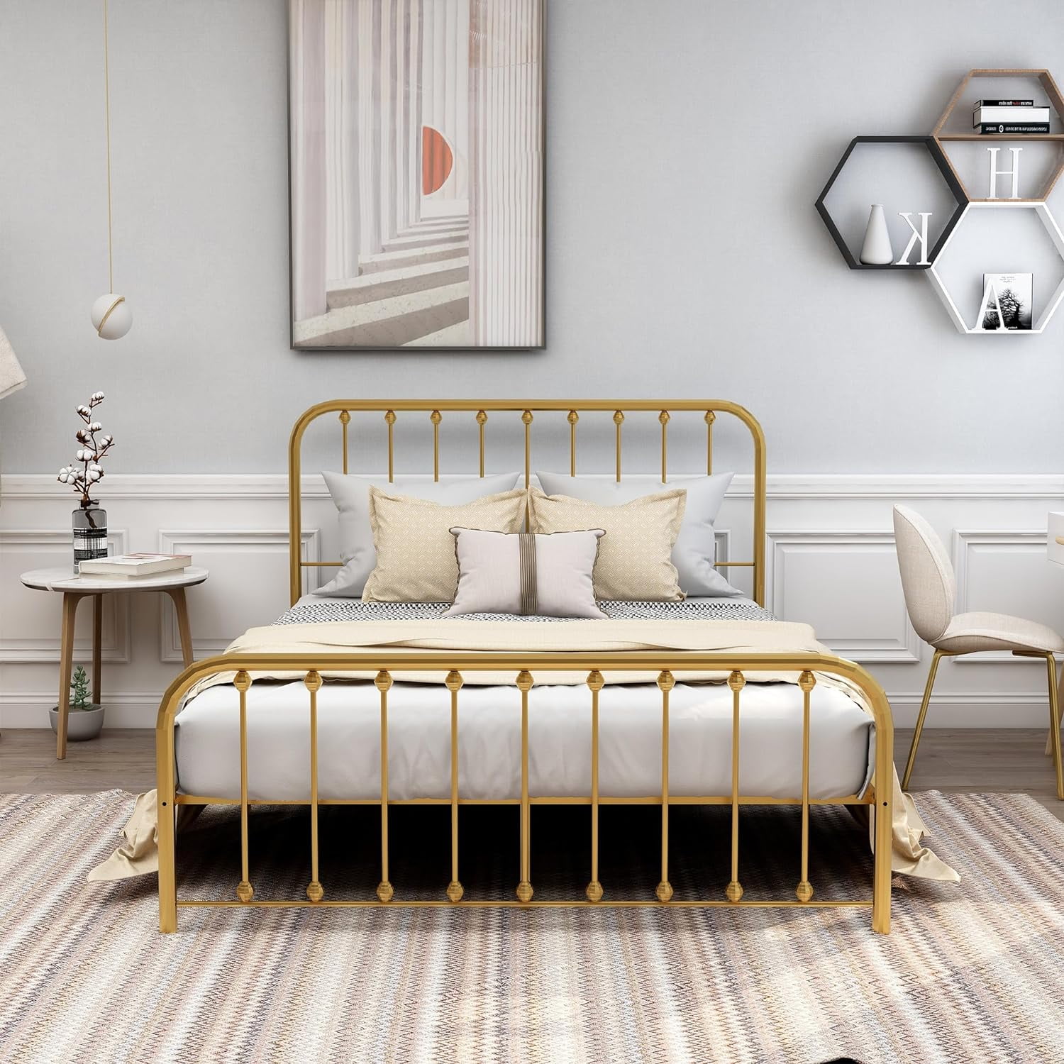 AUFANK Vintage Queen Platform Metal Bed Frame, Heavy Duty, GOLD ...