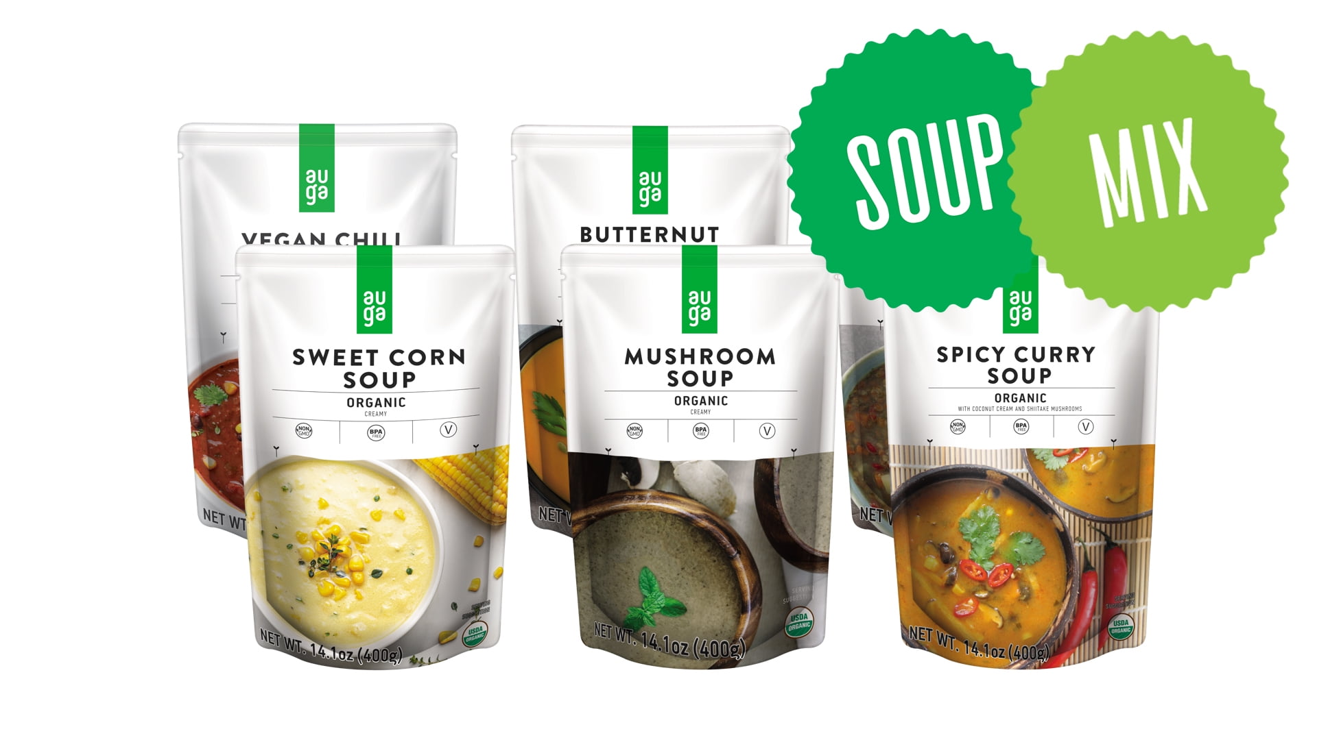 AUGA Organic Vegetable Soup Variety Bundle, 14.1oz (6-pack) (Sweet Corn, Butternut Squash, Three ...