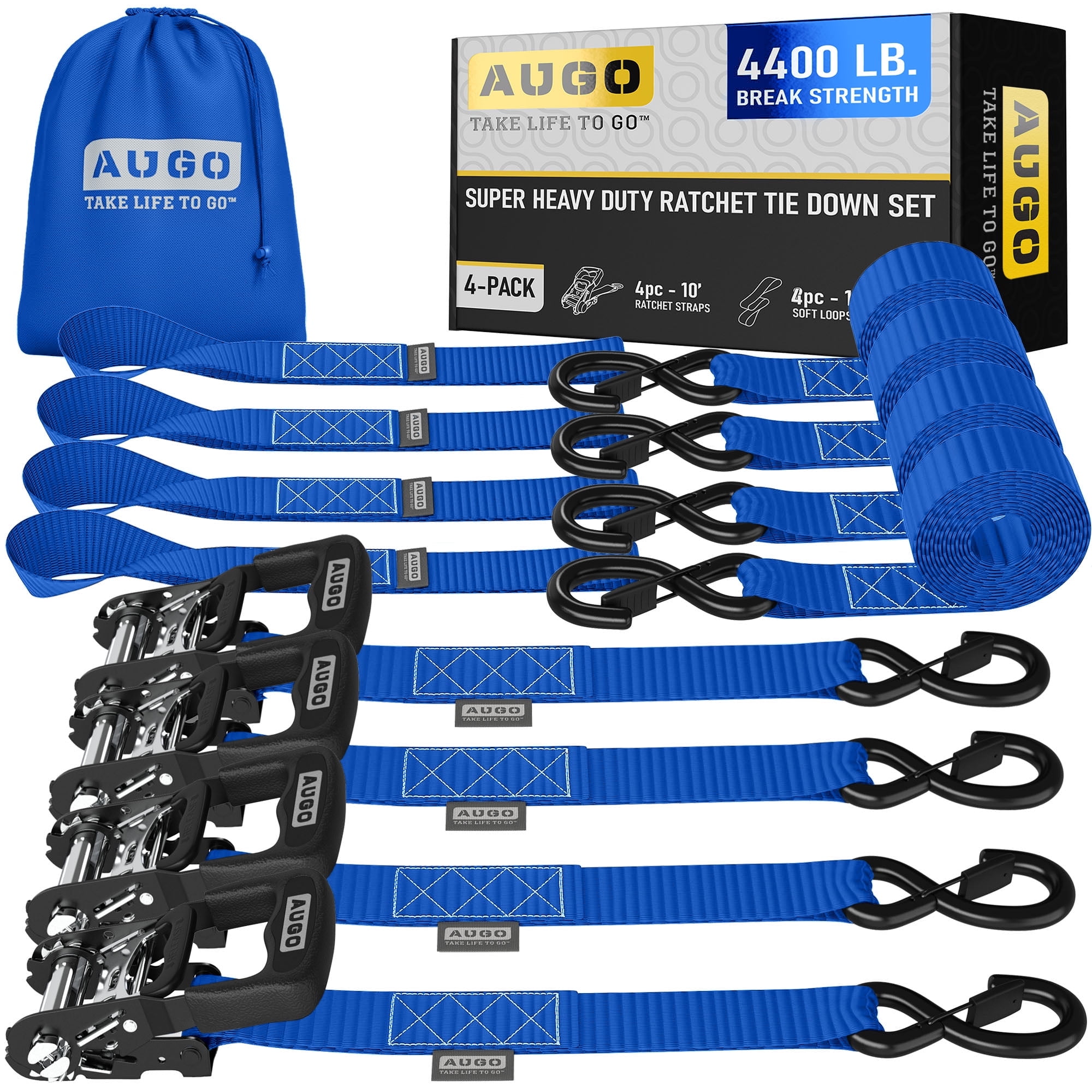 AUGO Heavy Duty Ratchet Straps & Soft Loops – Pack of 4 Extra Strong 1.5” by 10’ Ratchet Straps ...