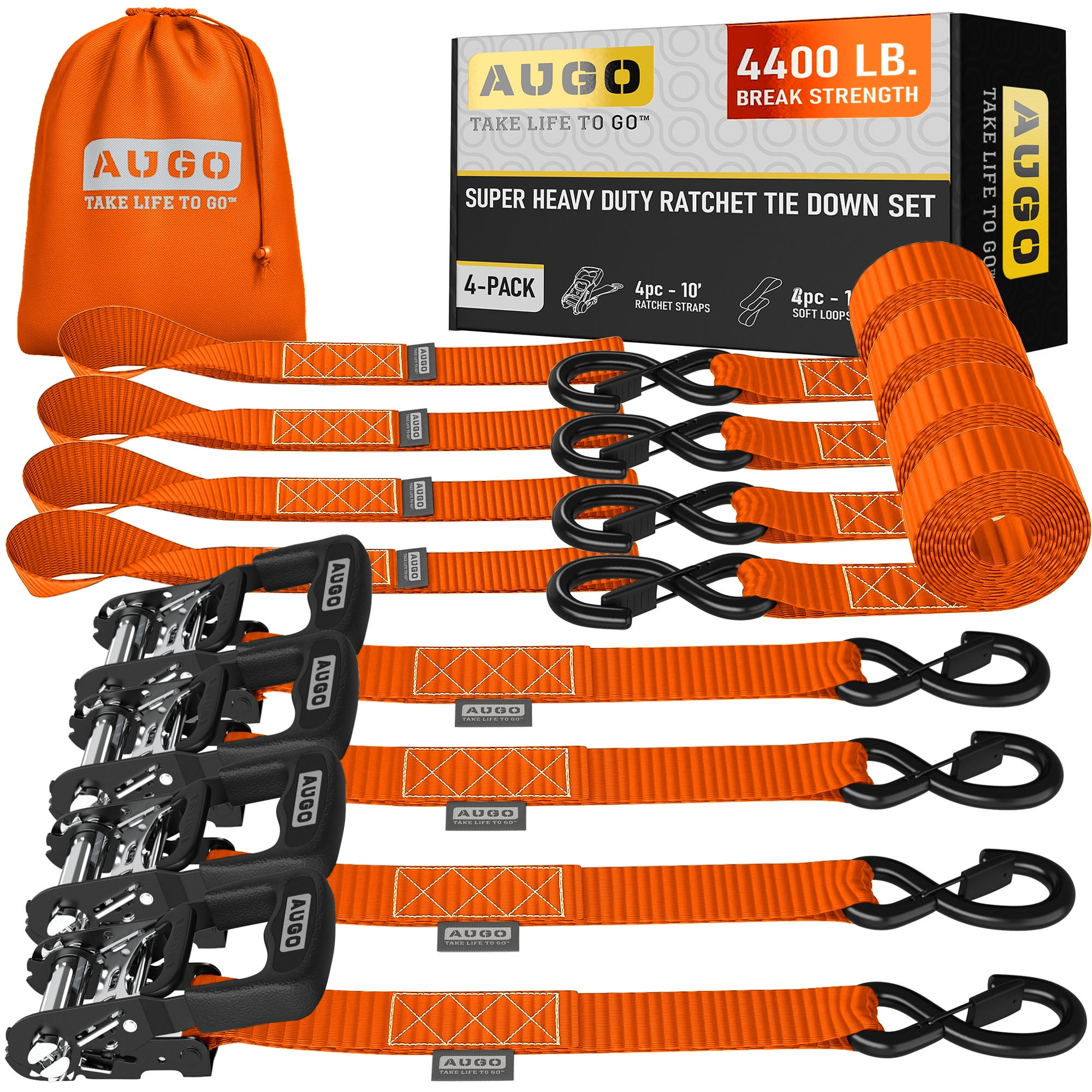 AUGO Heavy Duty Ratchet Straps & Soft Loops – Pack of 4 Extra Strong 1. ...