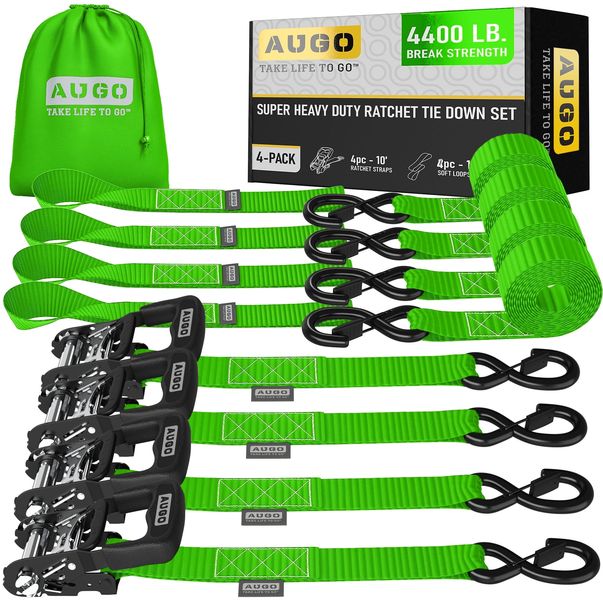 AUGO Heavy Duty Ratchet Straps & Soft Loops – Pack of 4 Extra Strong 1. ...