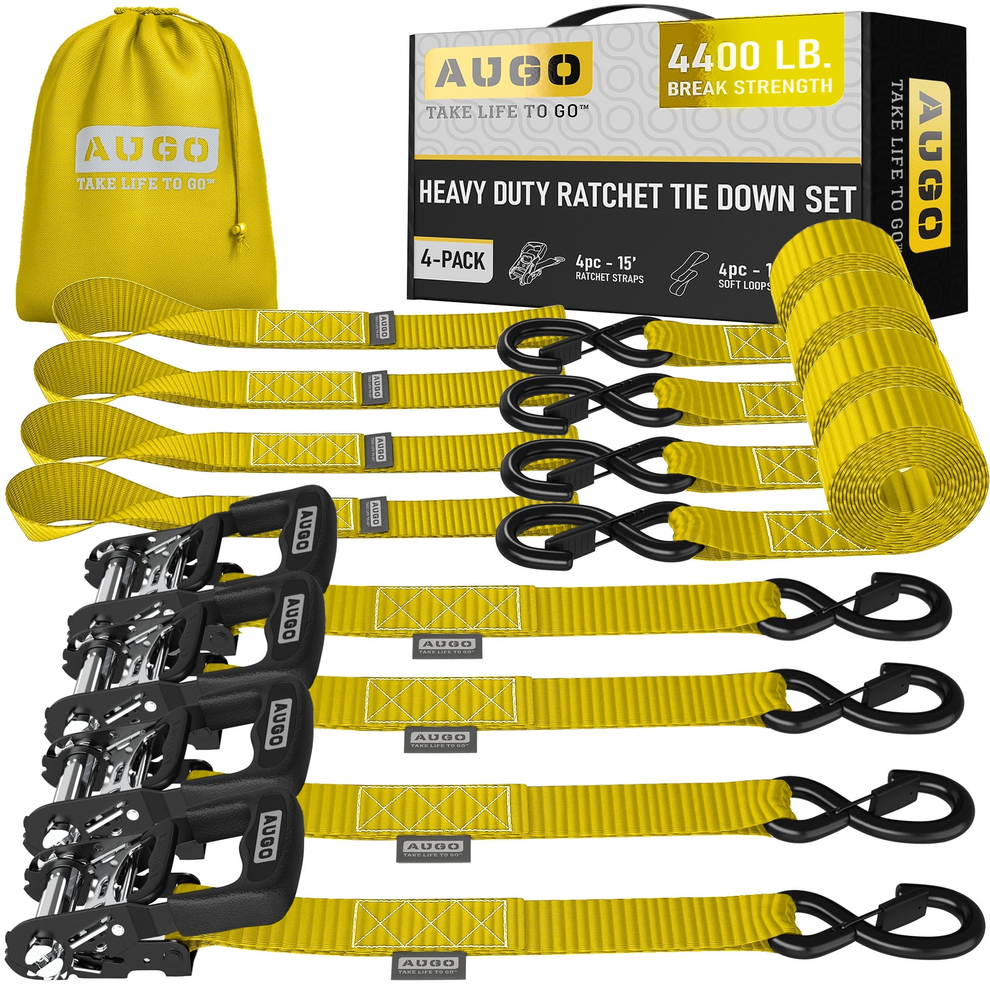 AUGO Heavy Duty Ratchet Straps & Soft Loops – Pack of 4 Extra Strong 1.5” by 15’ Ratchet Straps ...