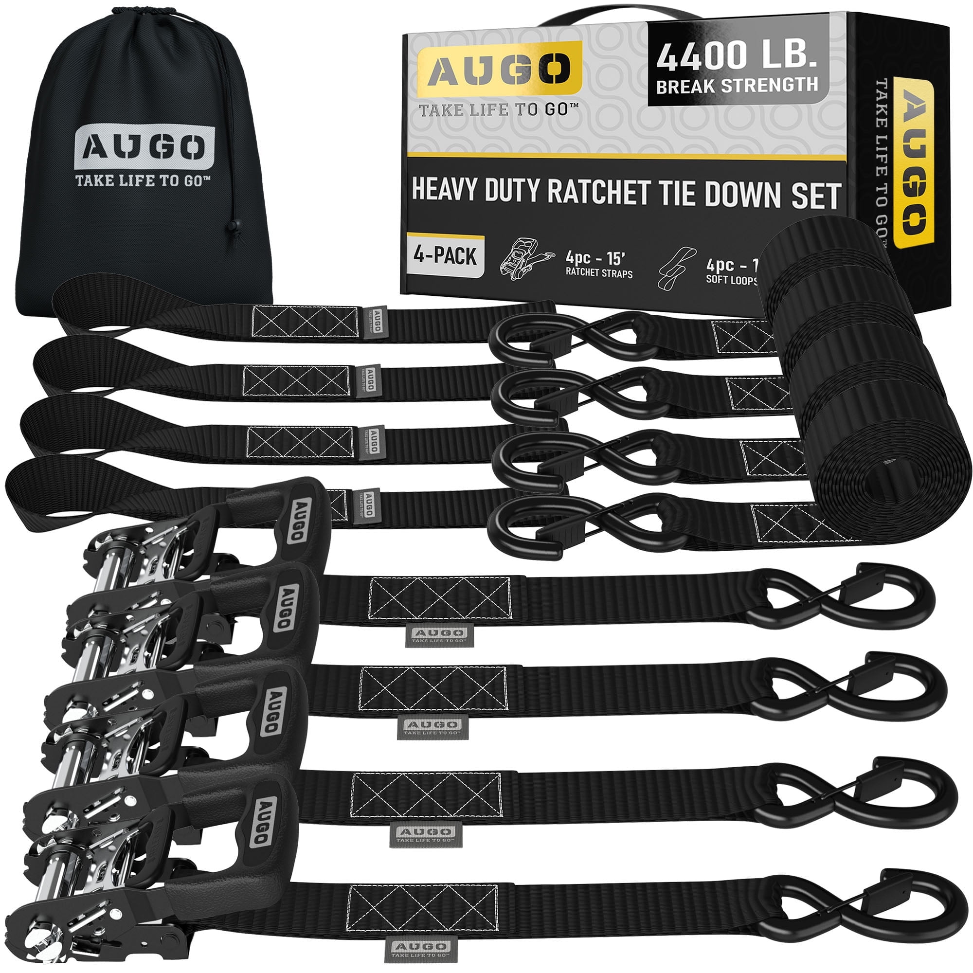 AUGO Heavy Duty Ratchet Straps & Soft Loops – Pack of 4 Extra Strong 1. ...