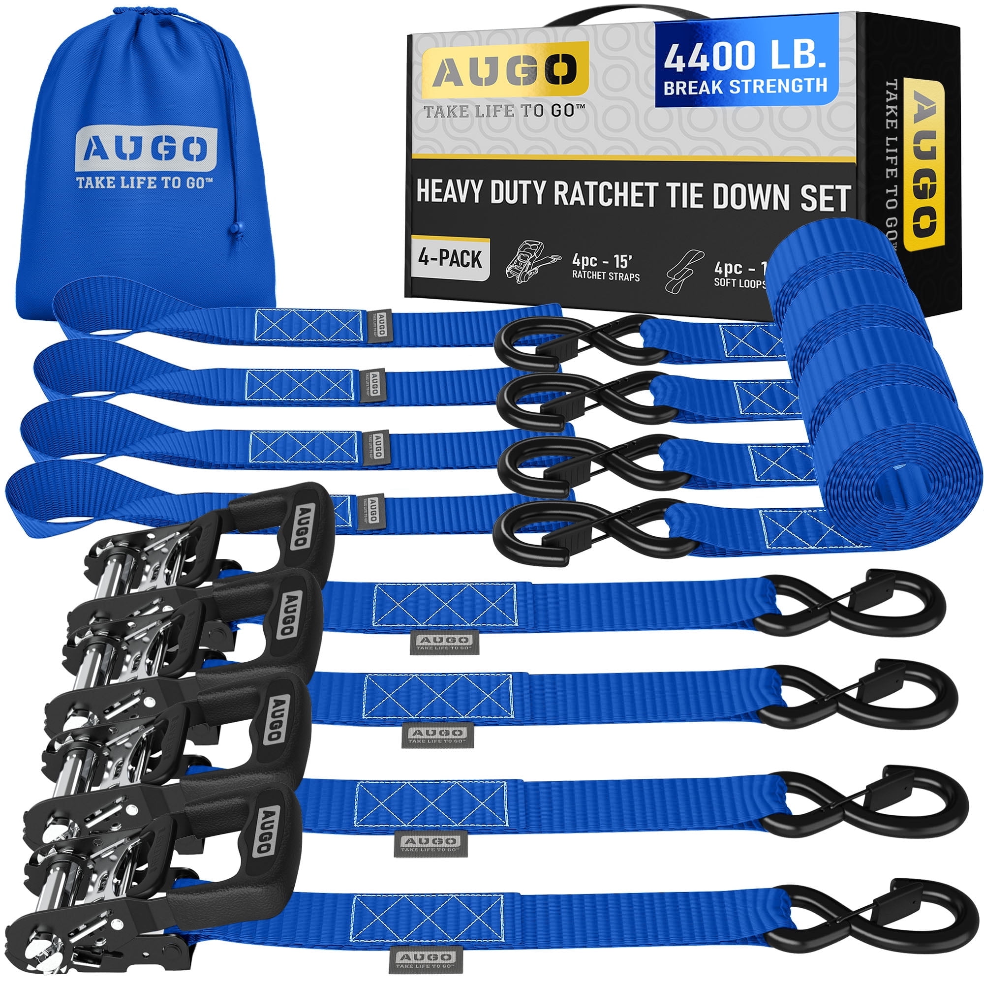 AUGO Heavy Duty Ratchet Straps & Soft Loops – Pack of 4 Extra Strong 1. ...
