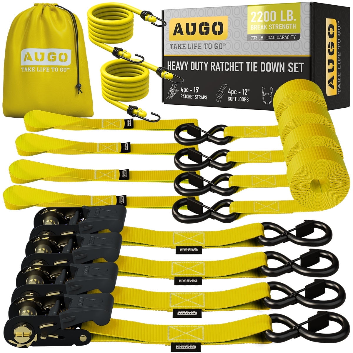 AUGO Ratchet Straps Heavy Duty 4 Pack -15 FT - 2200 LB Break Strength ...