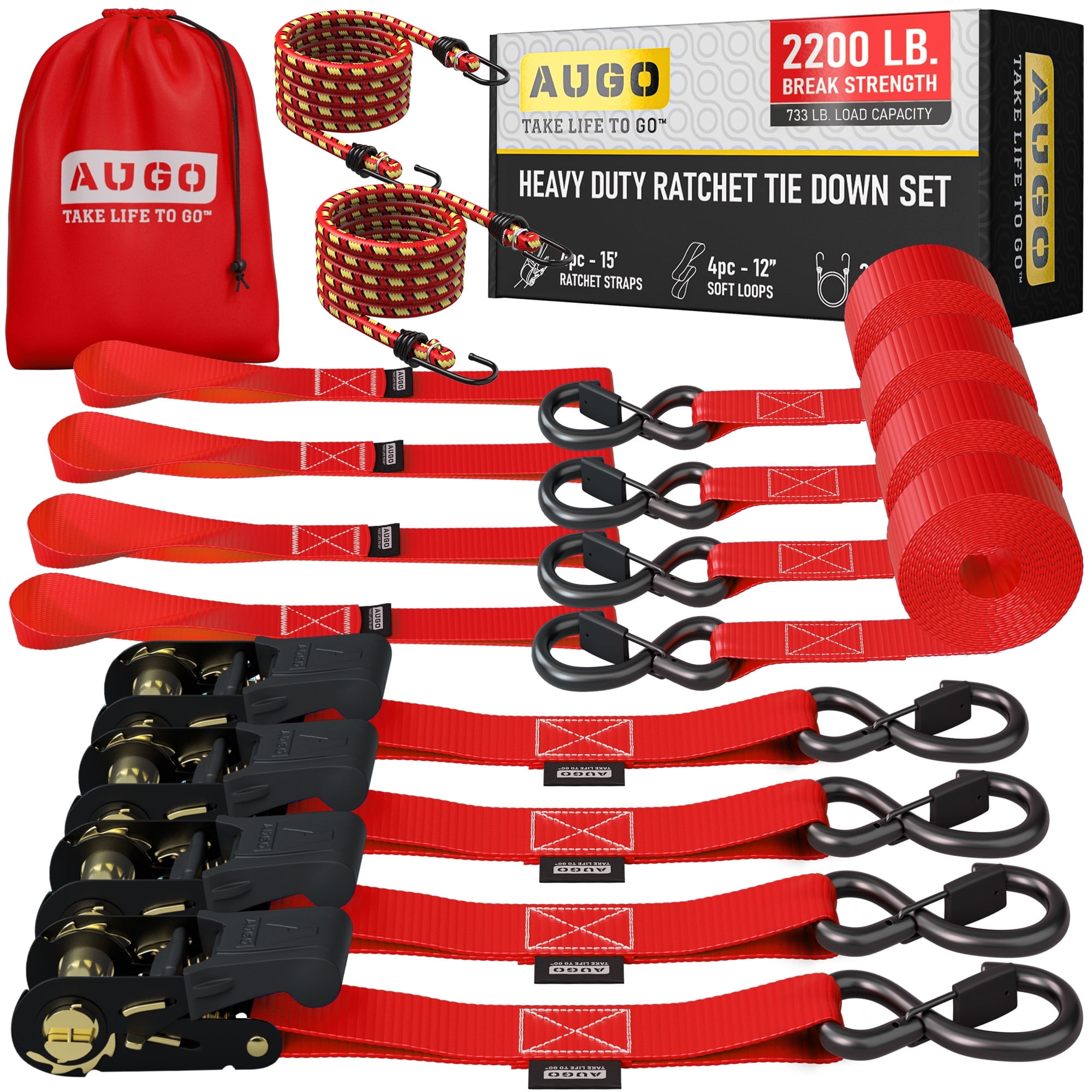AUGO Ratchet Straps Heavy Duty 4 Pack -15 FT - 2200 LB Break Strength ...