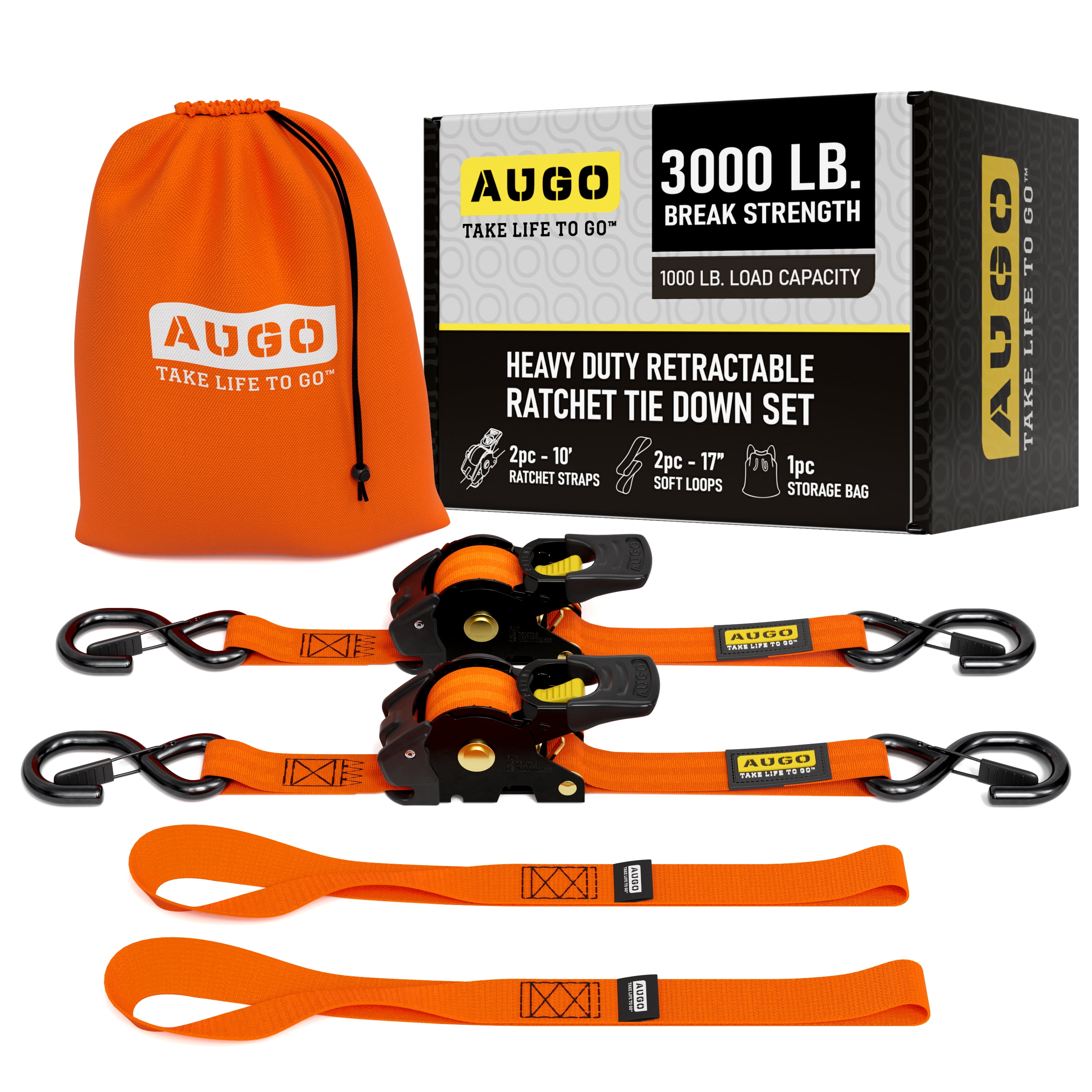 AUGO Retractable Ratchet Straps | 2 Heavy Duty Ratchet Straps Self ...