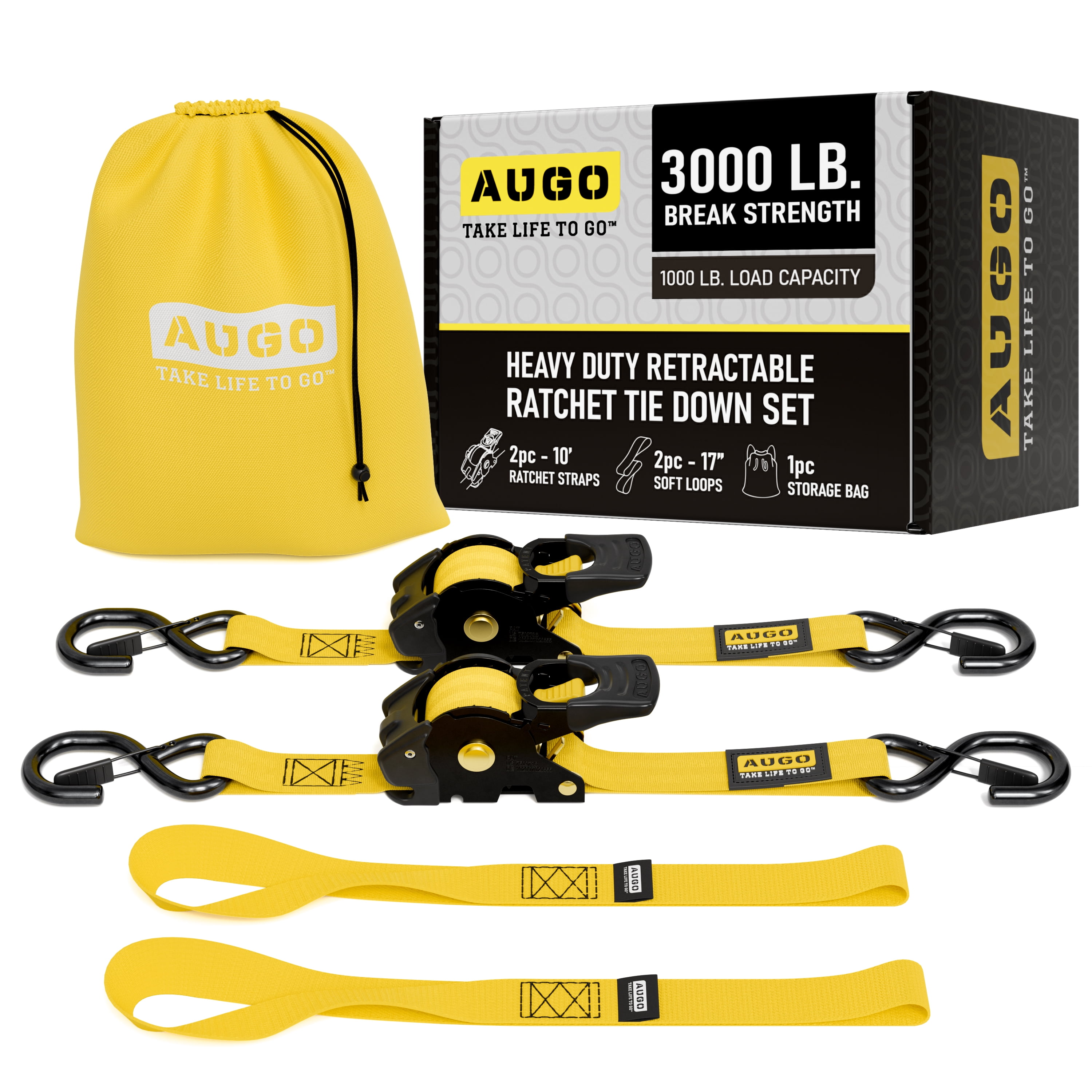 AUGO Retractable Ratchet Straps | 2 Heavy Duty Ratchet Straps Self ...