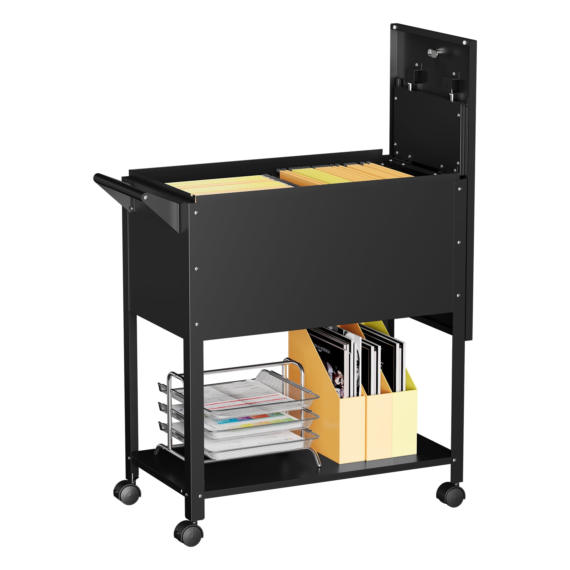 AUHUP Metal File Cart with Lock, Black Rolling File Cabinet for Home ...