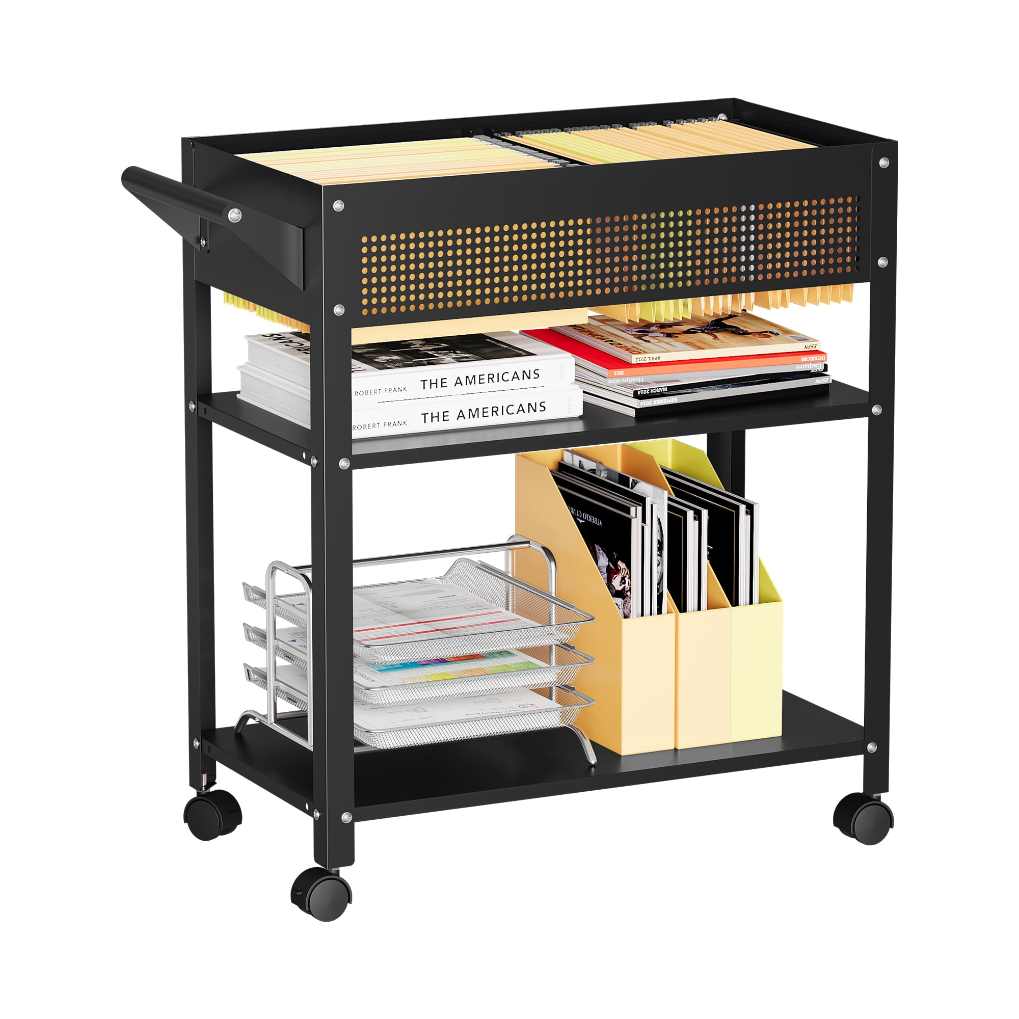 AUHUP Metal File Cart with Wheels, Black Rolling File Cabinet for Home ...