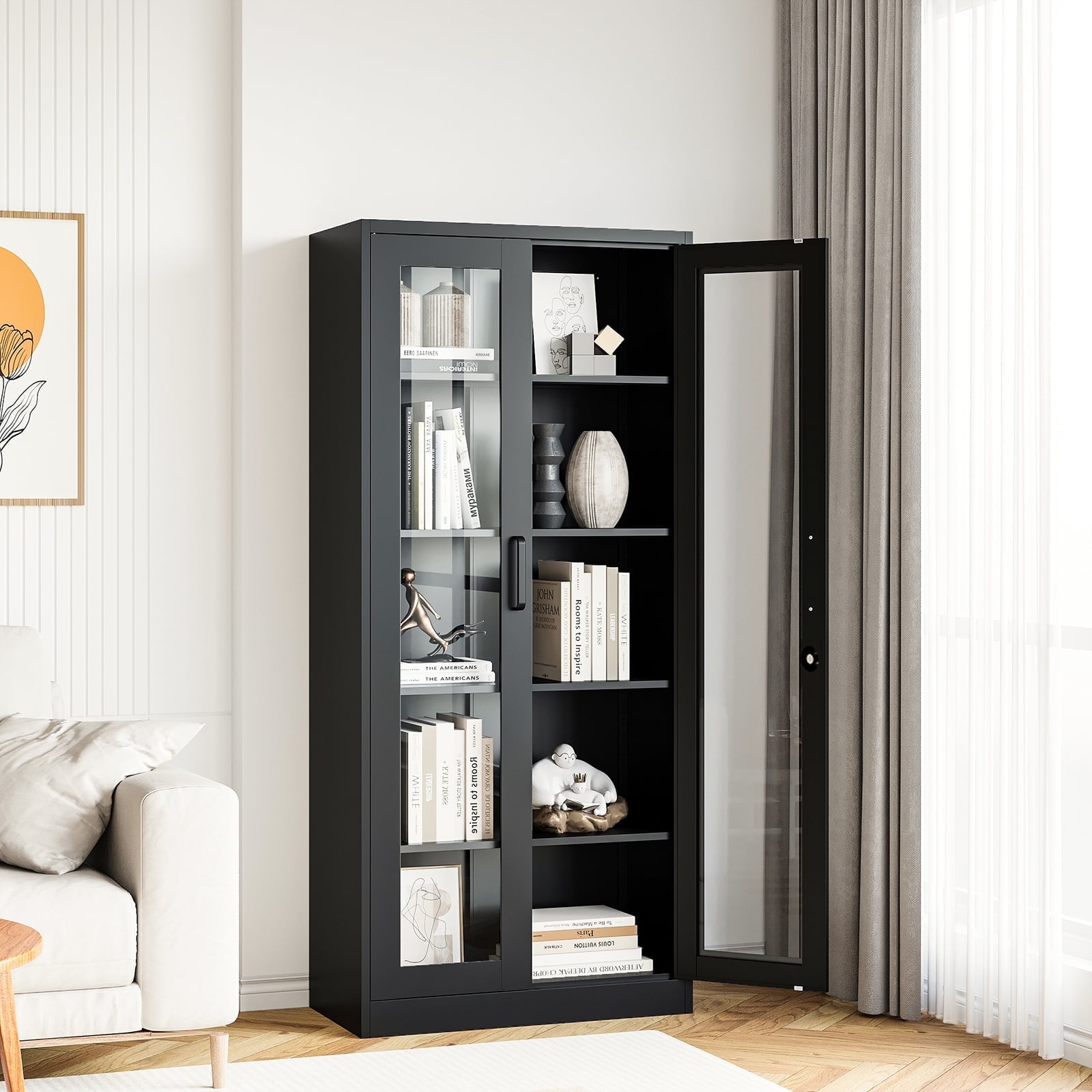 AUHUP Metal Glass Display Cabinet, 71" Black Curio Cabinet with ...