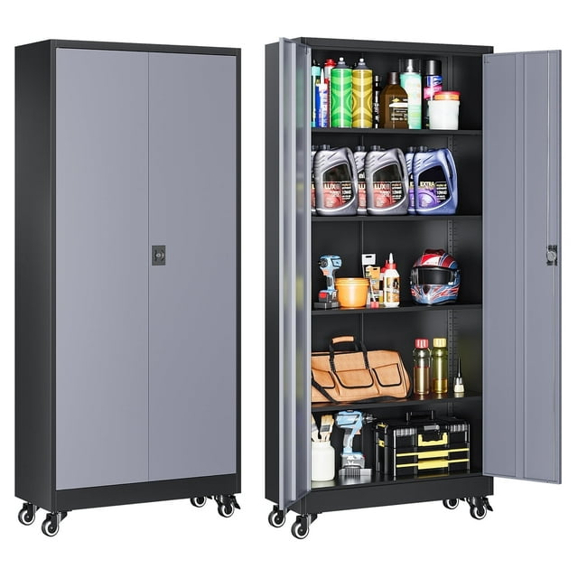 AUHUP Metal Storage Cabinet with Wheels, 73" Rolling Garage Storage ...