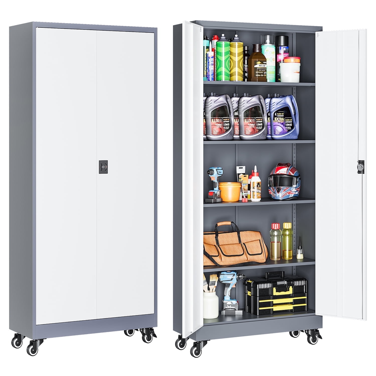 AUHUP Metal Storage Cabinet with Wheels, 73" Rolling Garage Storage ...