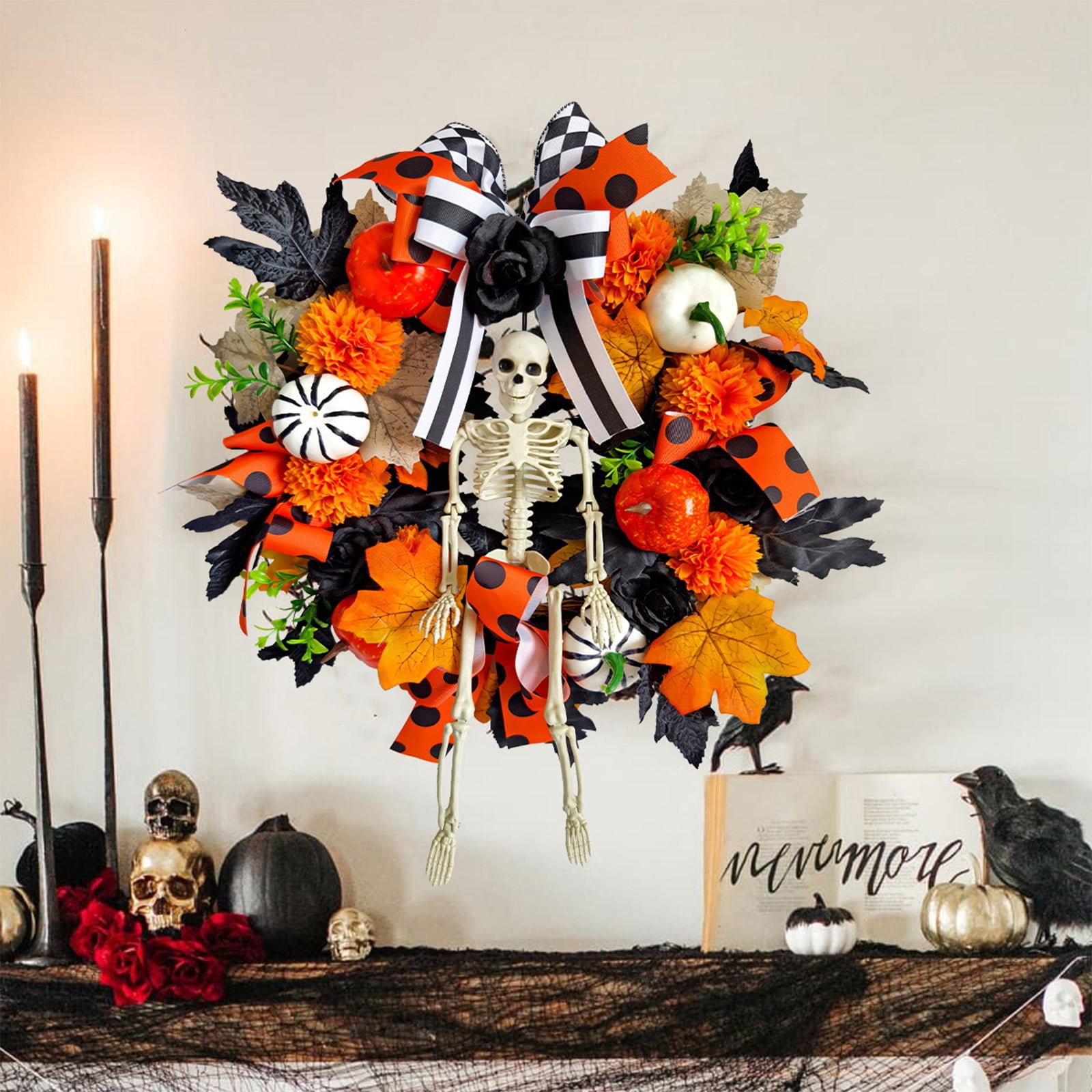 AUHomi 15.7Inch Halloween Skeleton Front Door Wreath, Gothic Aesthetic ...