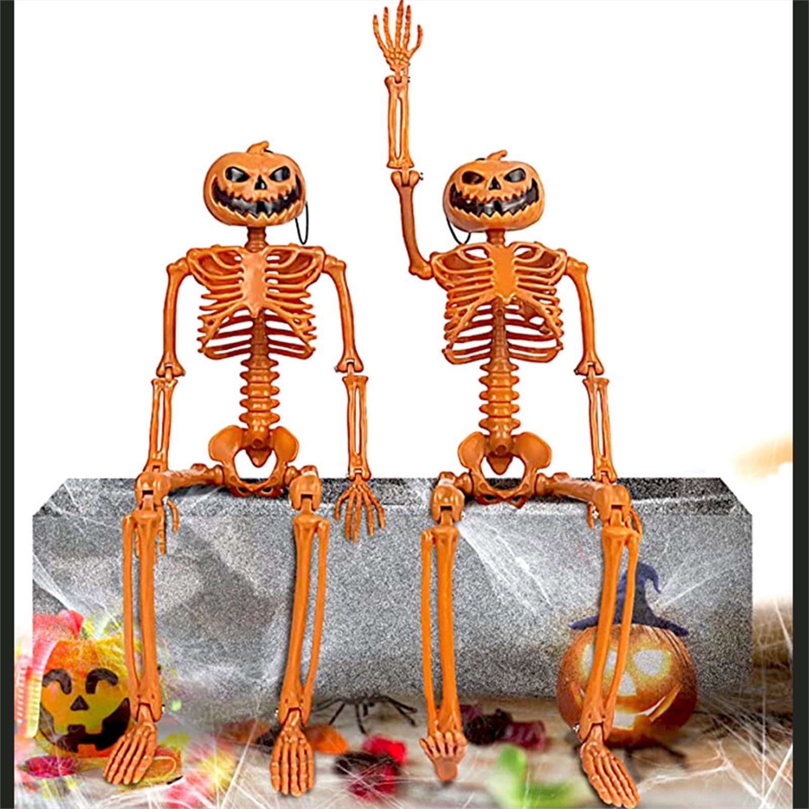 AUHomi 2 PCS Orange Skeleton with Pumpkin Head, Halloween Skeleton Decorations, Realistic ...