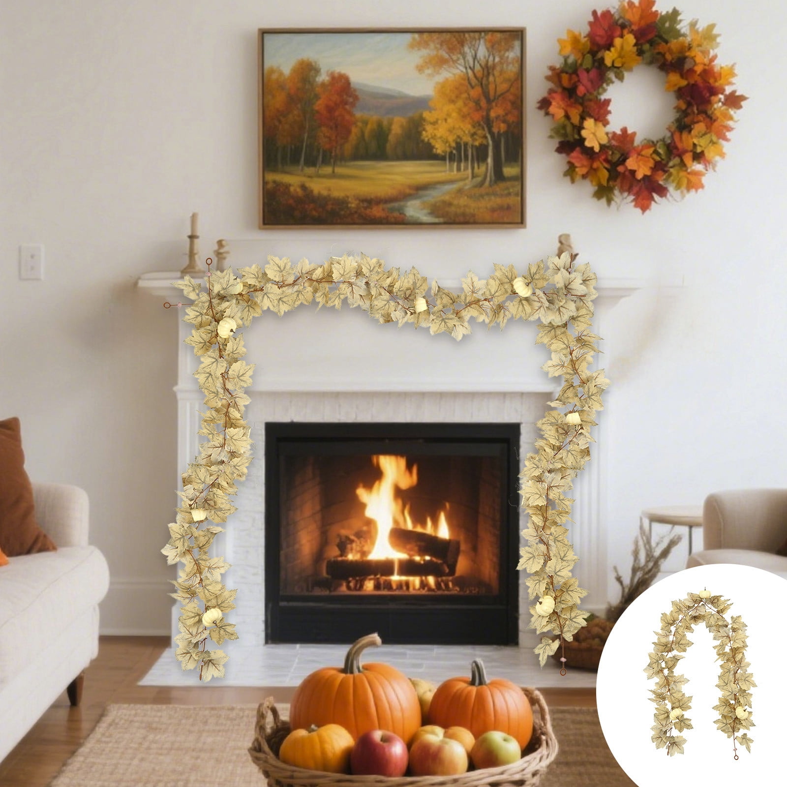 AUHomi 5.74Ft Artificial Fall Wreath, Porch Decor White Pumpkin Maple ...