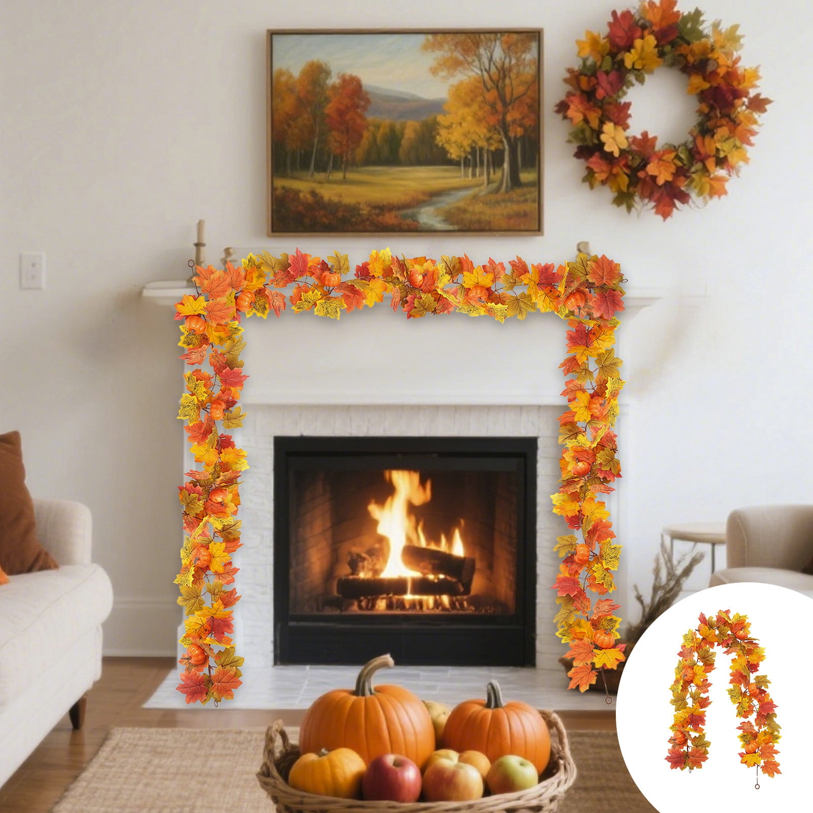 AUHomi 5.74Ft Artificial Fall Wreath, Porch Decor White Pumpkin Maple ...