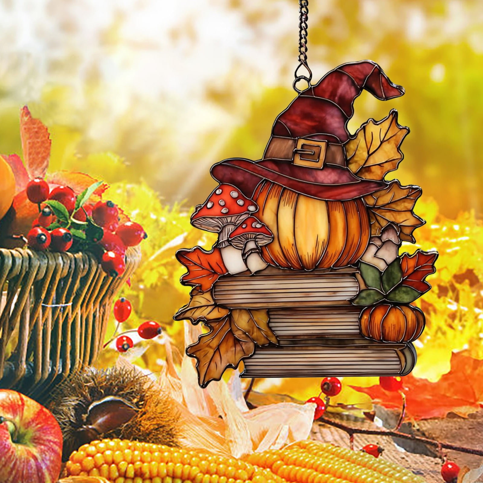 AUHomi Fall Pumpkin Stained Glass Window Hanging, Farmhouse Autumn ...