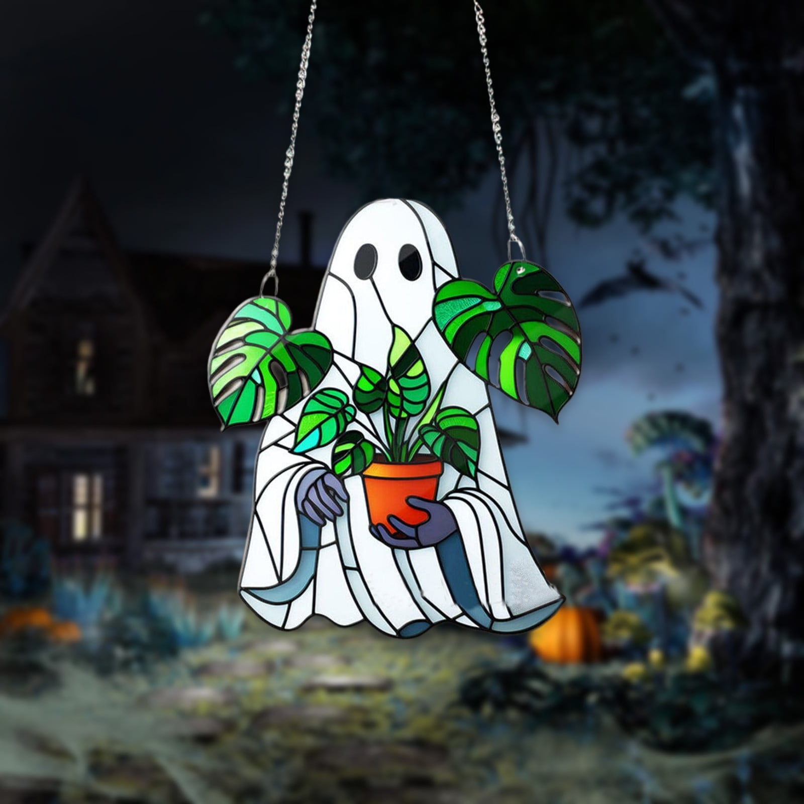 AUHomi Ghost with Monstera Plants Acrylic Window Hanging, Halloween ...