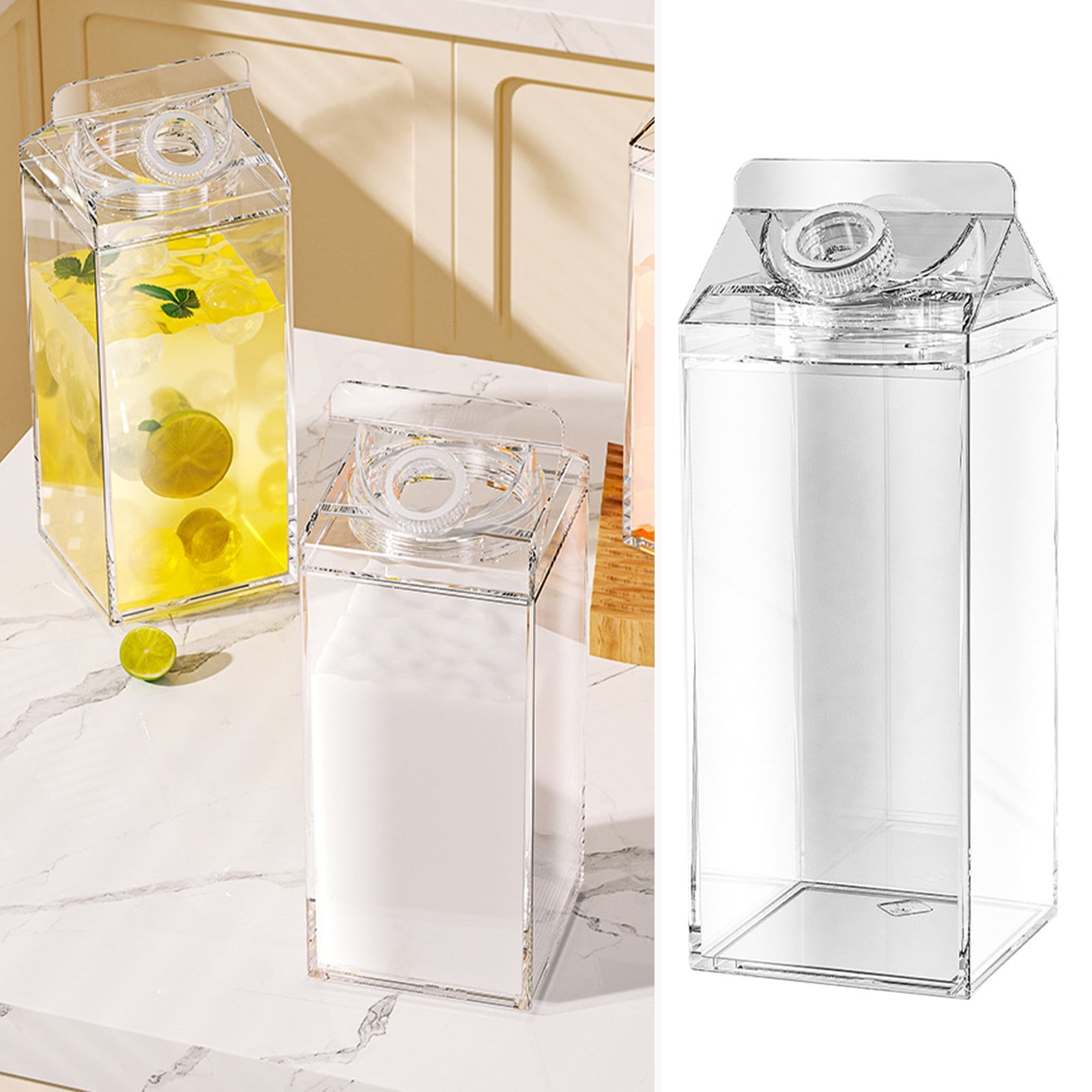 AUHomi Milk Carton Water Bottle, 64oz (1.9L) Plastic Square Milk Bottles, No BPA Leakproof Water ...