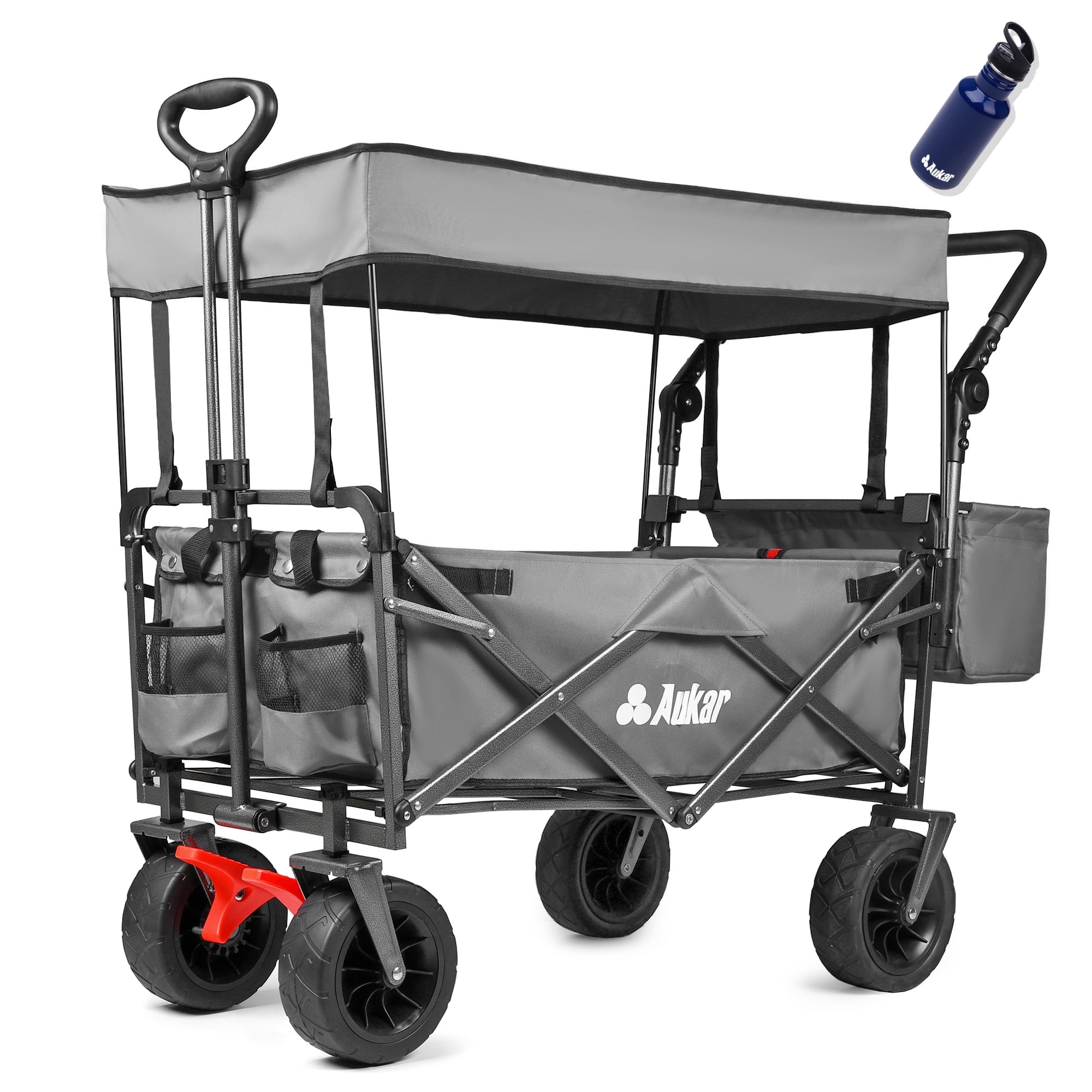 AUKAR Collapsible Beach Wagon with Canopy, Gray - Big Wheels, Push and ...