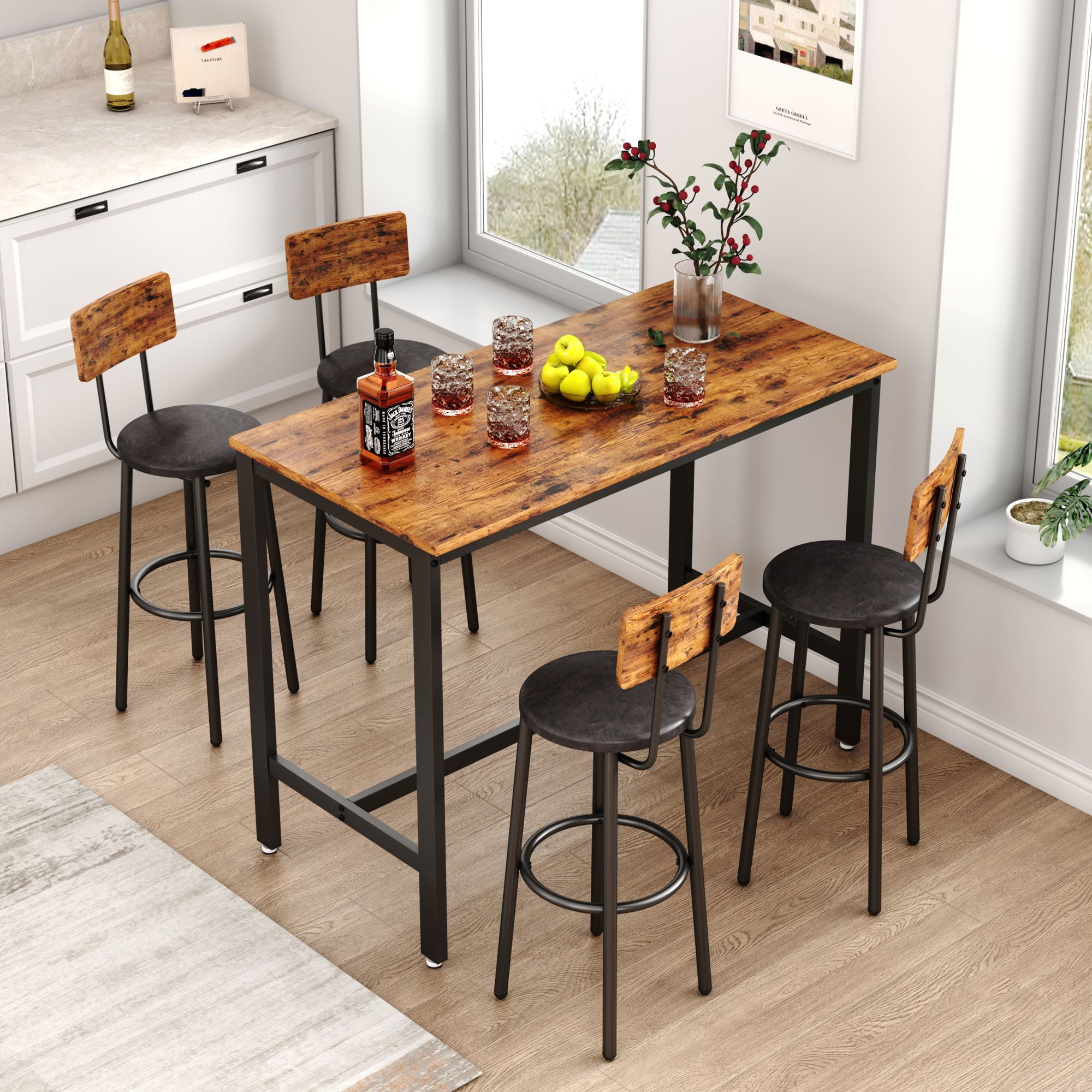 AUKFA 5-Piece Bar Table Set, Pub Dining Table & PU Upholstered Stools ...