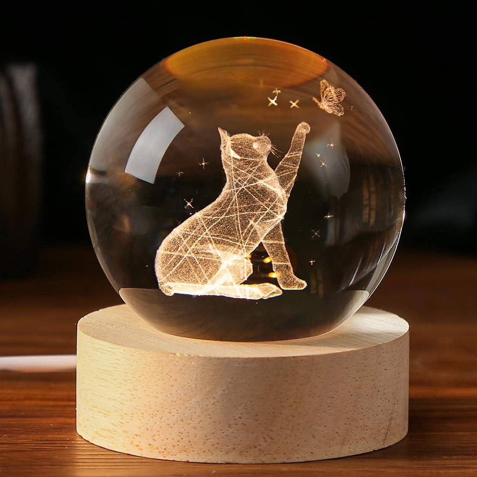 AUKOLEY White Crystal 3D Cat Ball with Wooden Light Base - Walmart.com
