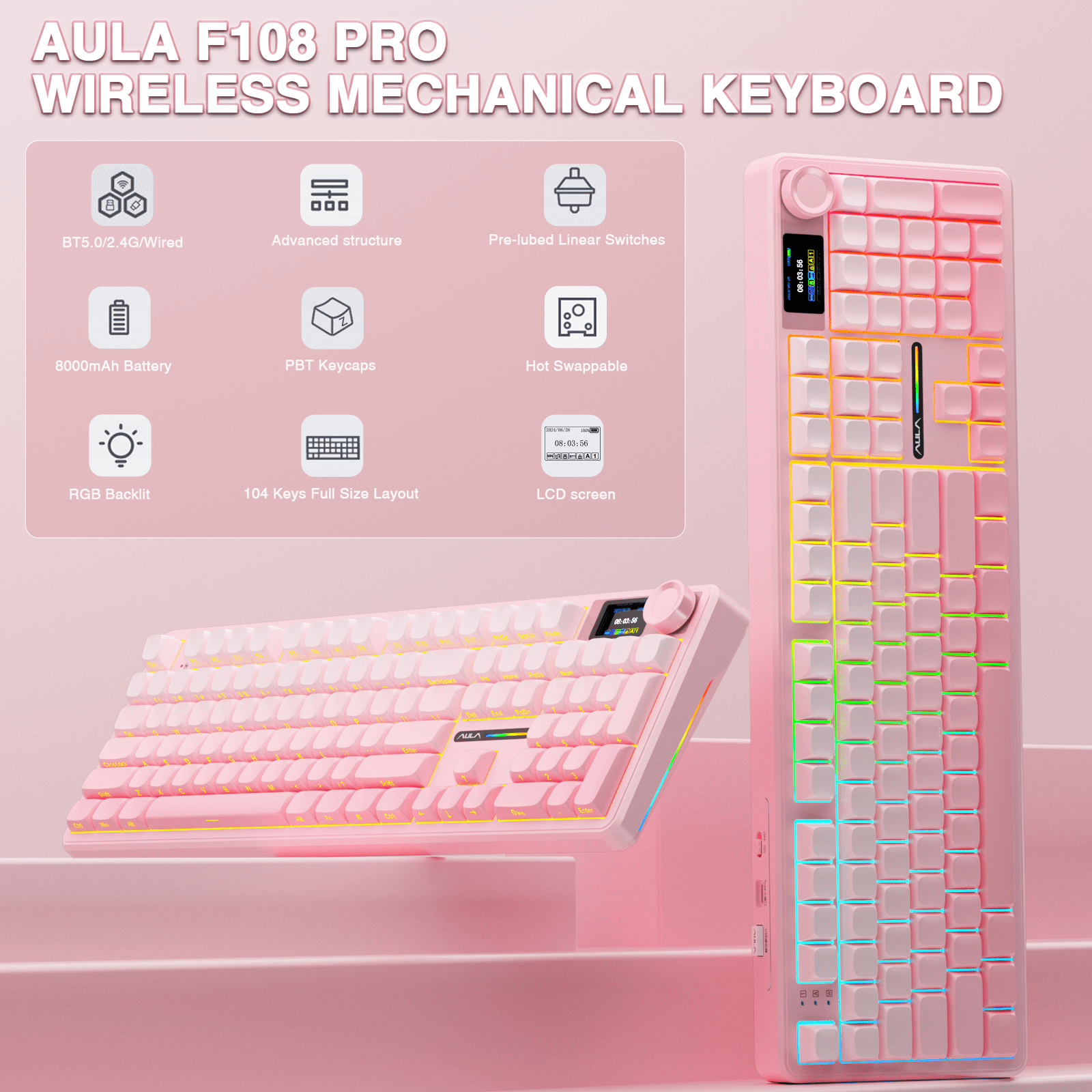 AULA F108 pro Wireless Bluetooth Keyboard Macro Gaming keyboard Gasket ...