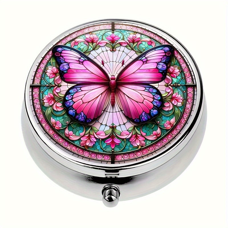 AUMIY Beautiful Butterfly Round Metal Pill Dispenser 3-Compartment Mini ...