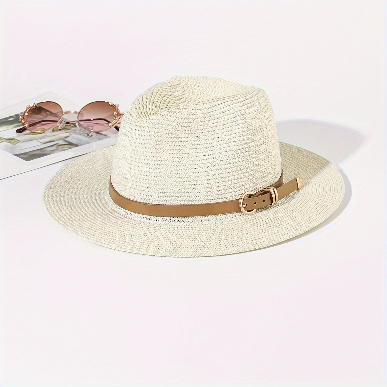 AUMIY Simple Belt Decor Panama Hats Solid Color Straw Hat Classic ...