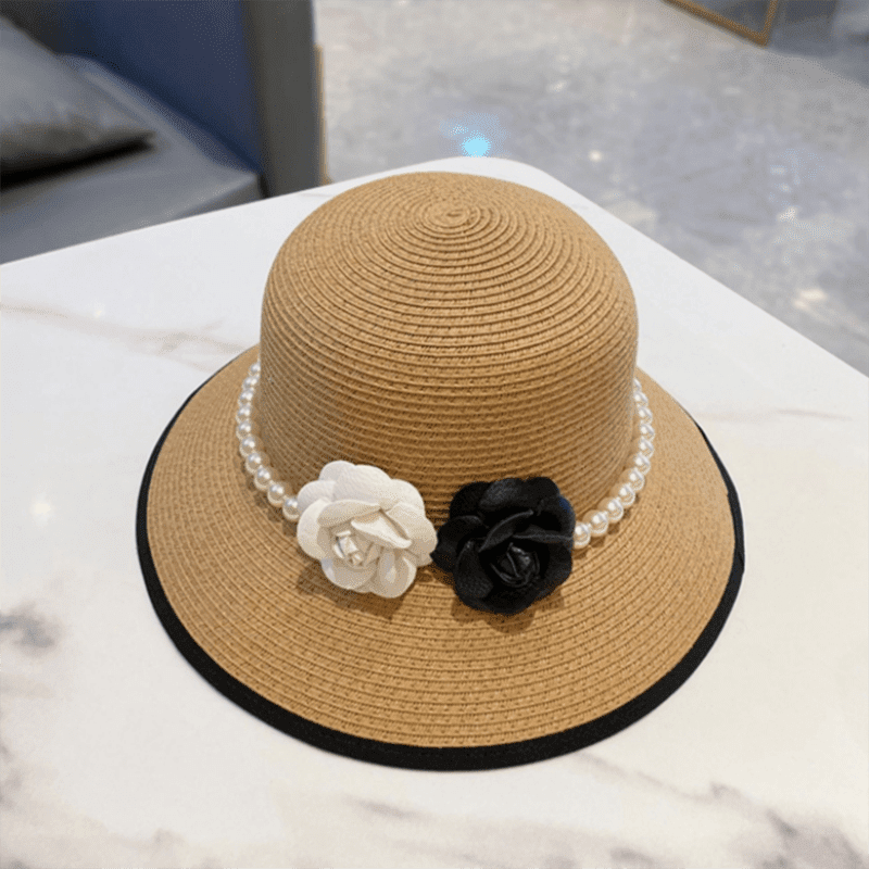 AUMIY Womens Dazzling Pearl-Adorned Straw Bucket Hat - Stylish Sun ...