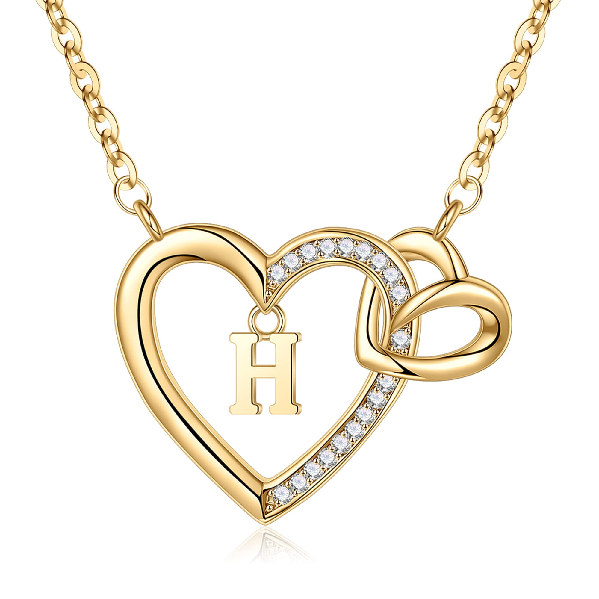 CZ Heart Initial Necklaces for Women Girls 14K Gold Plated Heart Letter ...