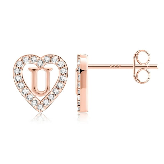 AUNOOL Heart Initial Stud Earrings for Women 14K Gold Plated 925 ...