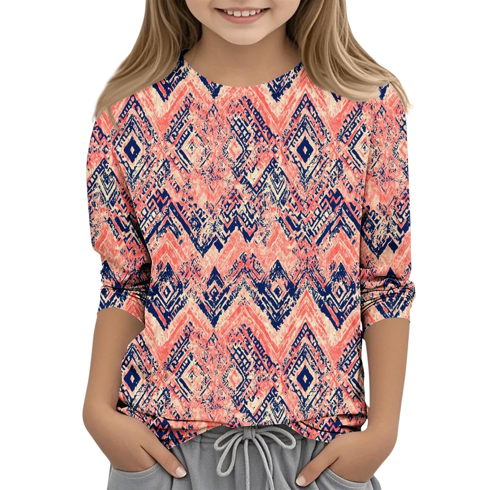 AUNVITO 3/4 Length Sleeve Big Girls Printed Tops Cute Casual Round Neck ...