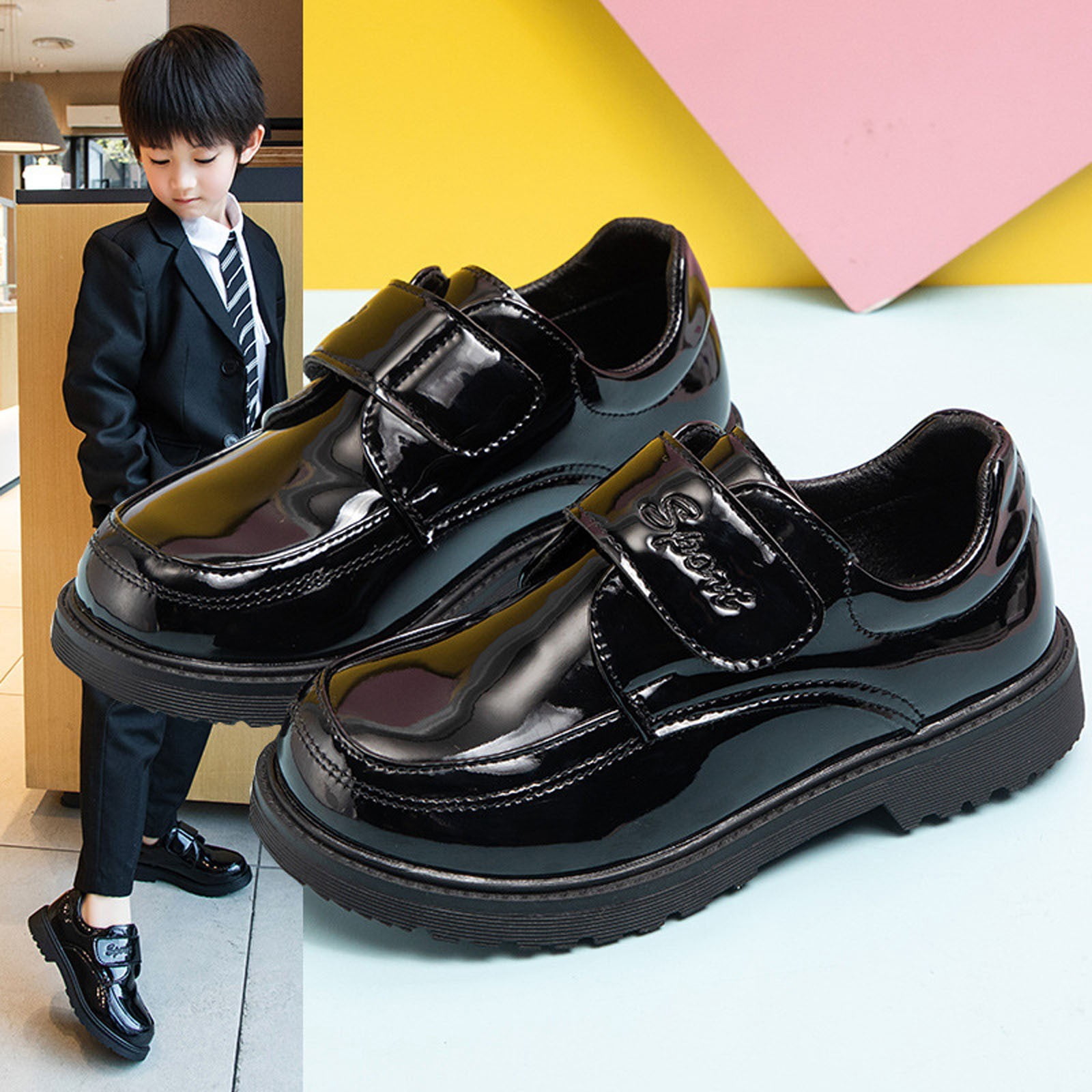 AUNVITO Boys 4-14Y Shiny Strap Closure Dress Shoes Soft Sole British ...