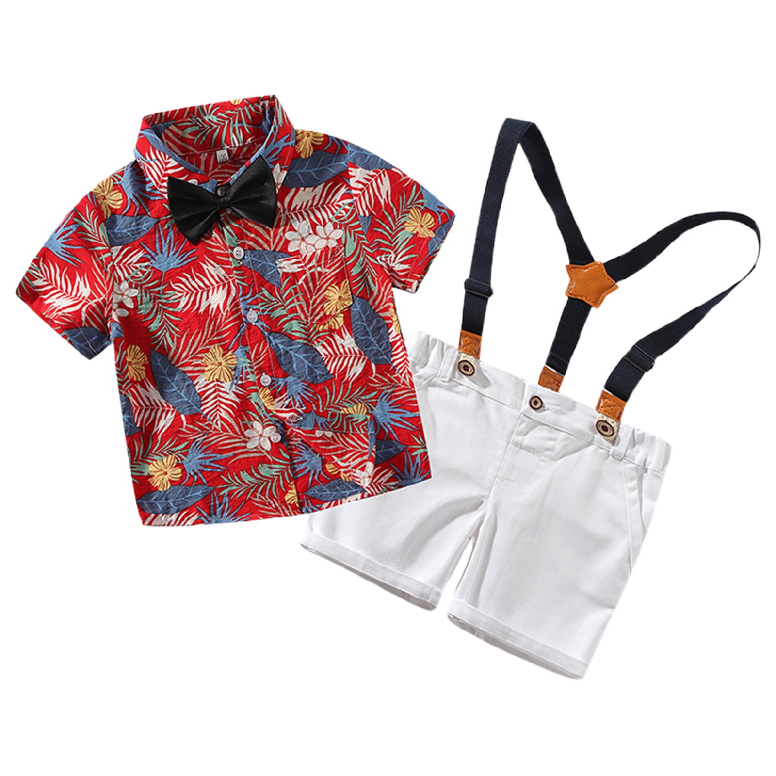 AUNVITO Boys Bow & Heart Shirt Overalls 2-Piece Set Short Sleeve Button ...