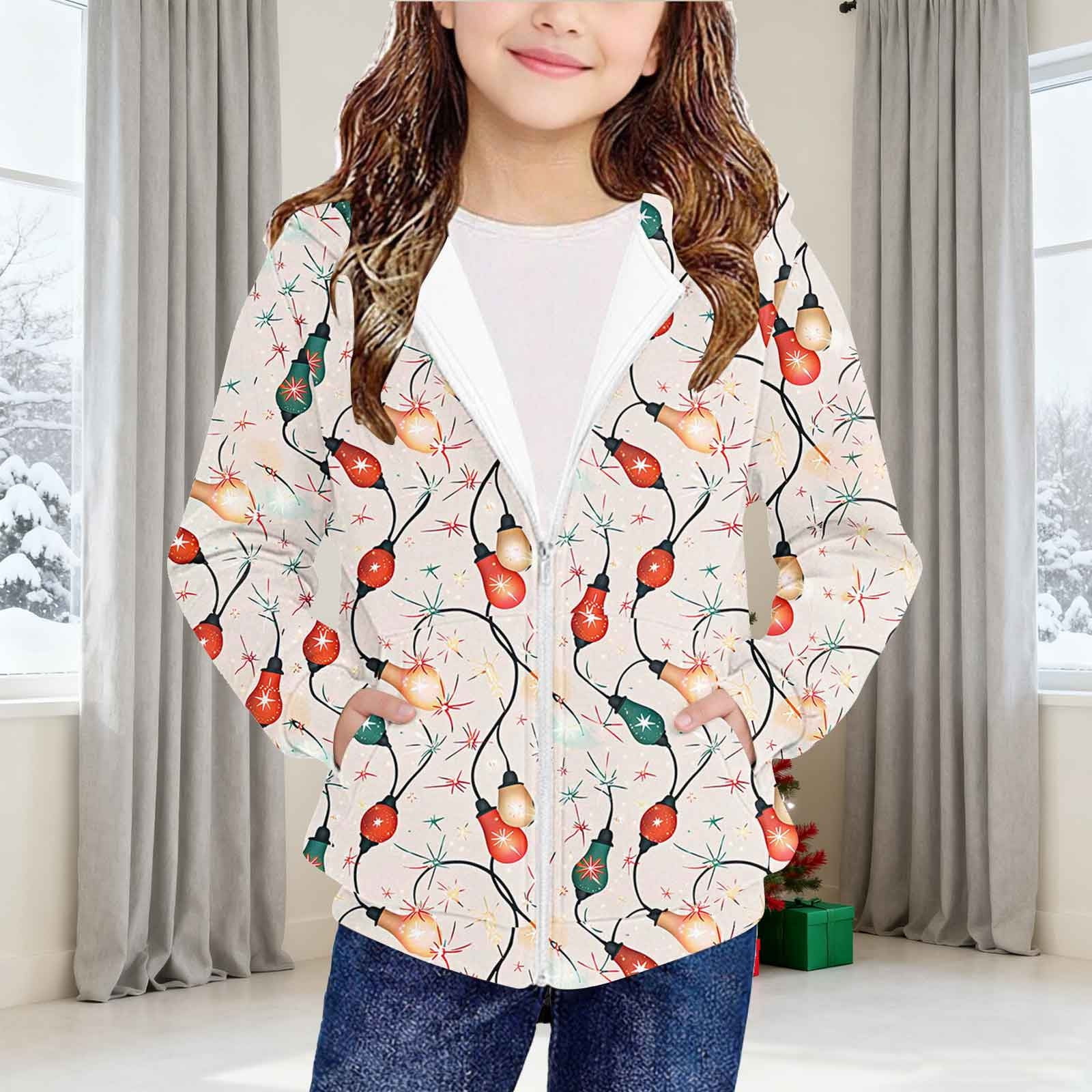 AUNVITO Christmas Print Hooded Zip-Up Hoodie with Pockets Long Sleeve ...