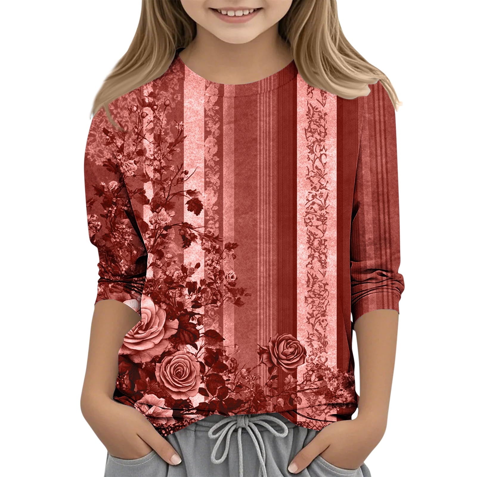 AUNVITO Girls 3/4 Sleeve Shirts 2025 New Print Round Neck Blouse Casual ...